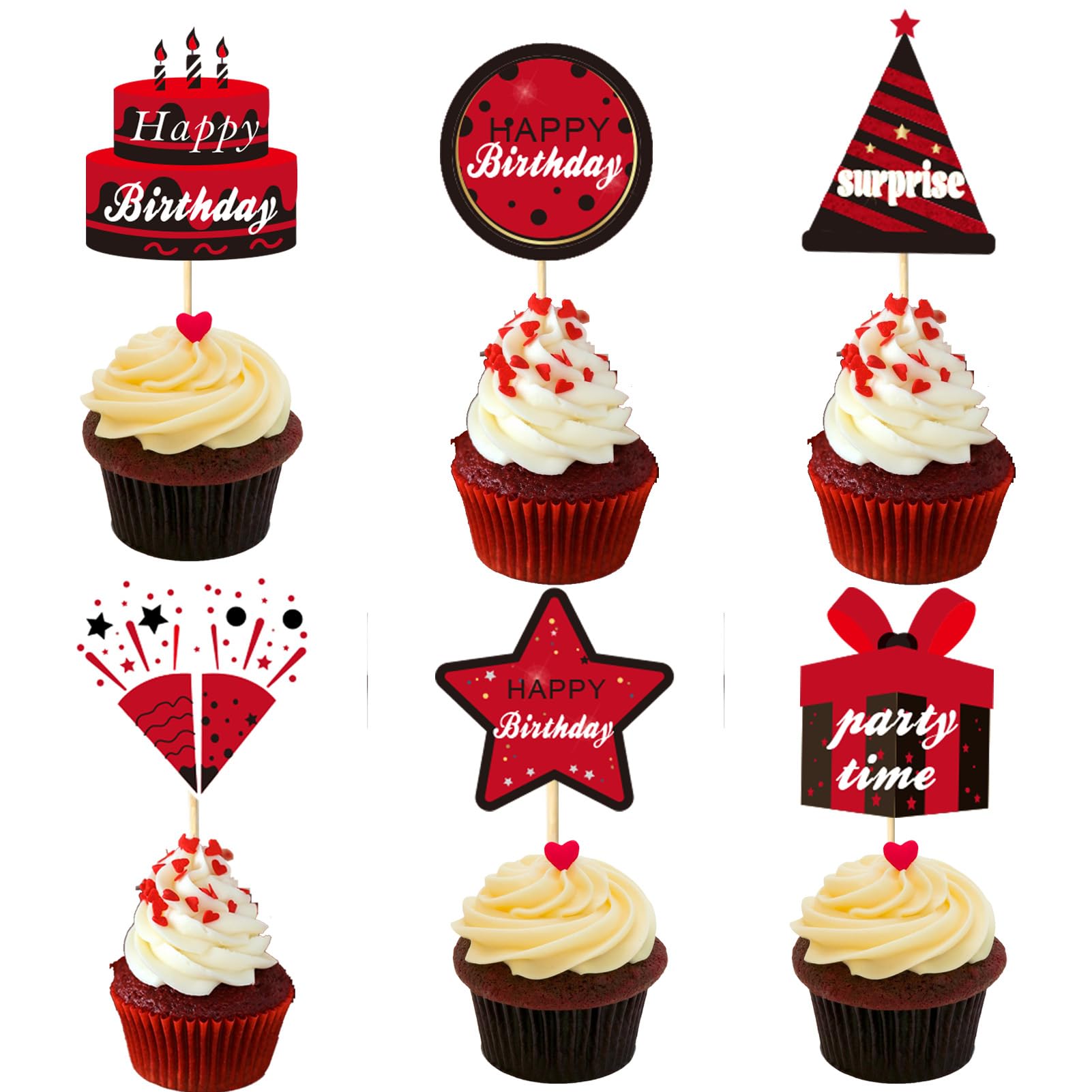 Amazon.com: 36PCS Black Red Happy Birthday Cupcake Topper Decorations ...