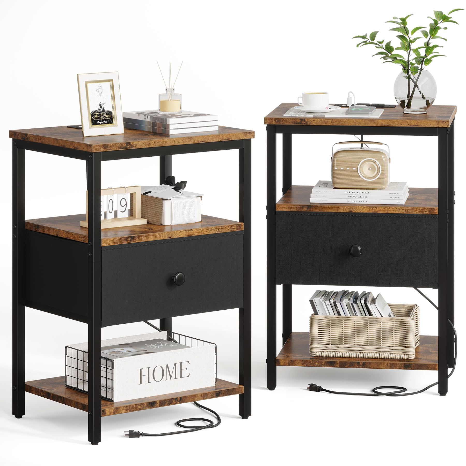 Amazon.com: smusei Bed Side Table with Fabric Drawer 3 Tier Night Stand ...