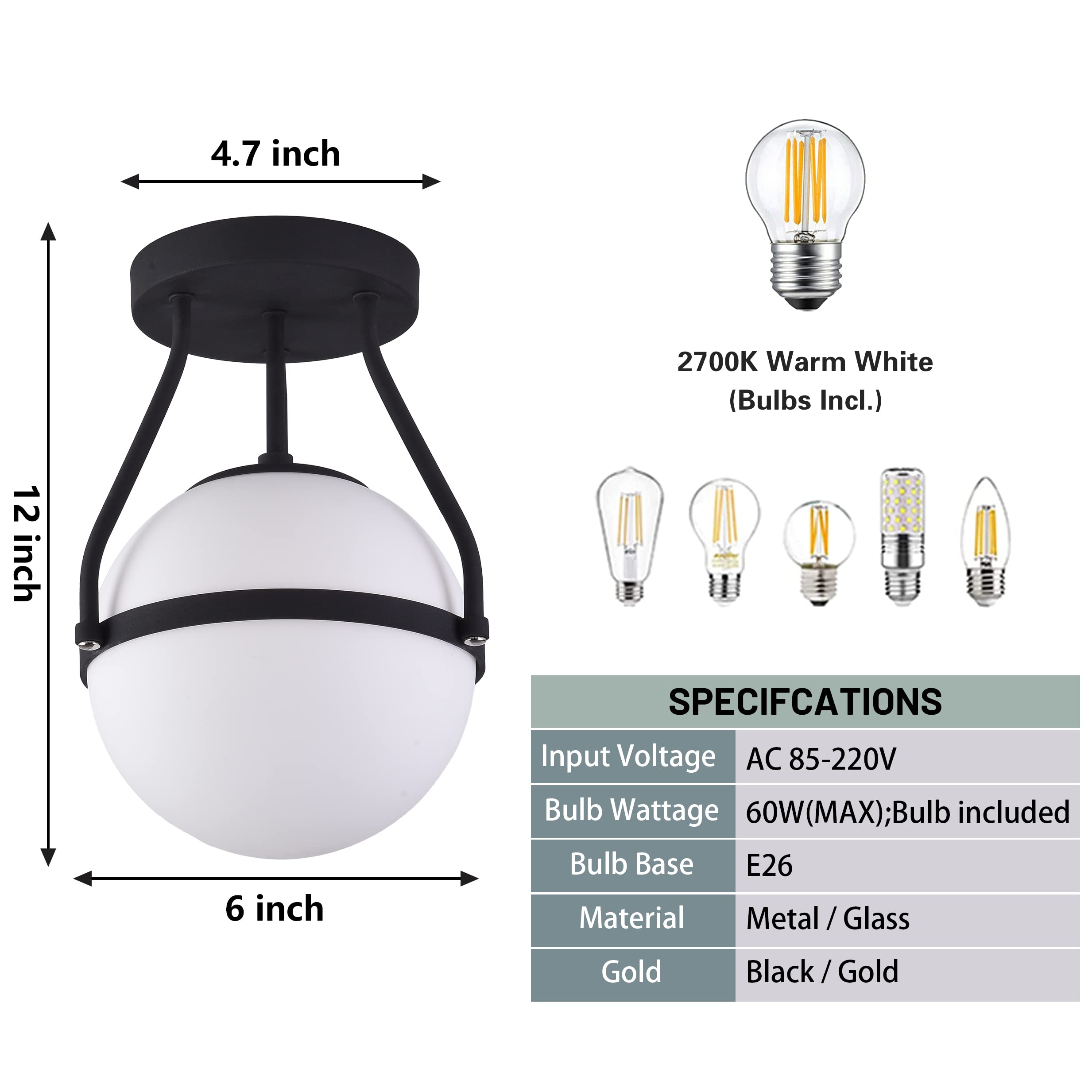 Bagood Globe Semi Flush Mount Ceiling Light Mid Century Modern Globe ...