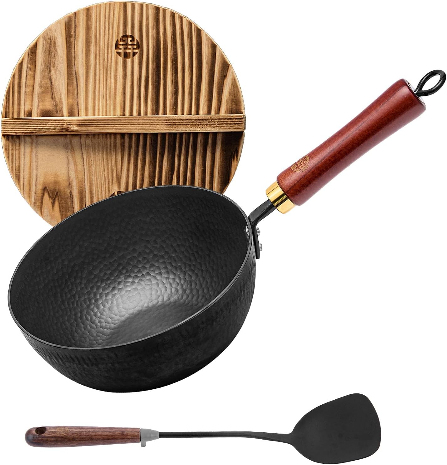 Amazon.com: Non-Stick Cast Iron Wok Small Wok Pan with Iron Lid Wodden ...