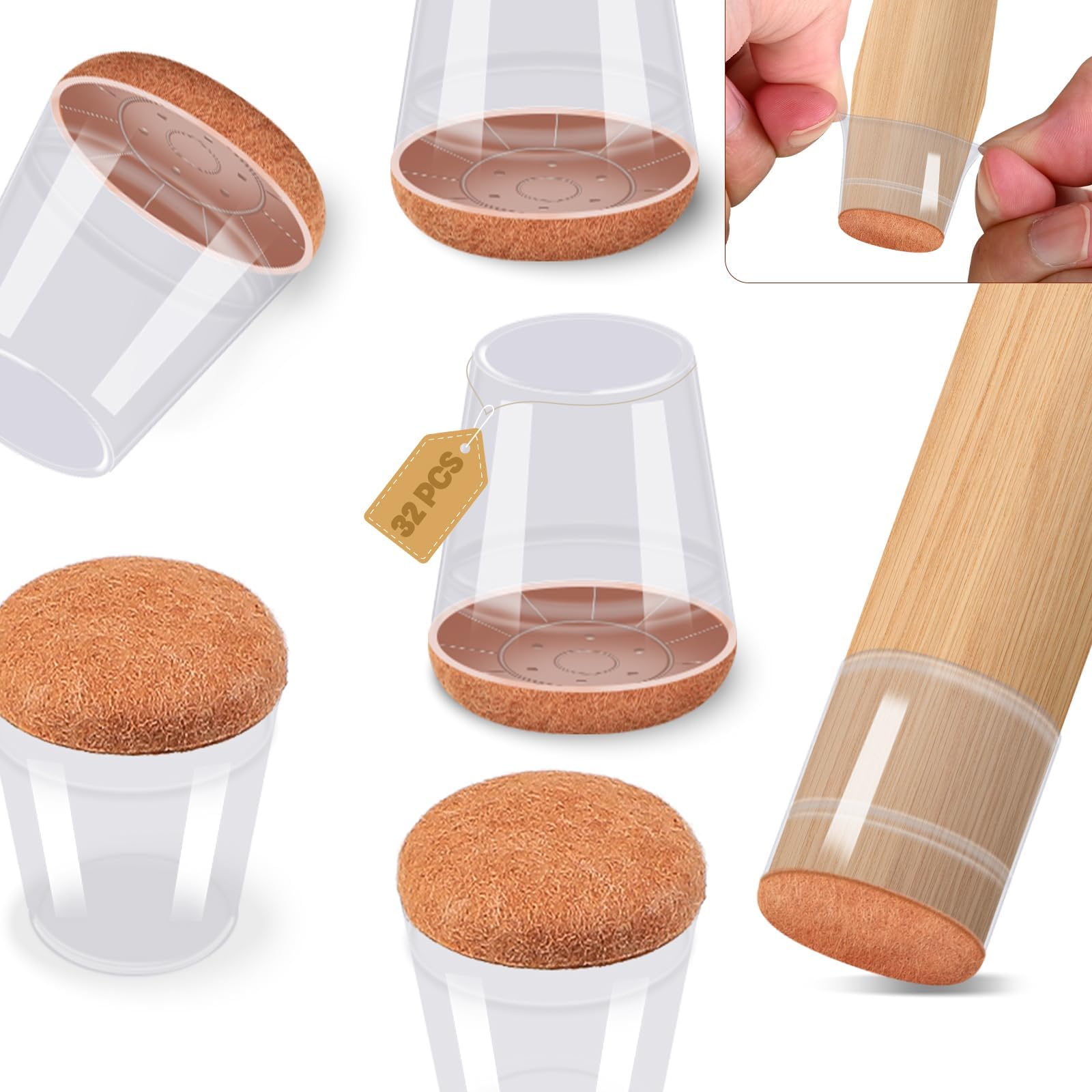 32 Pcs Chair Leg Floor Protectors, Felt Pads for Chair Legs Silicone ...