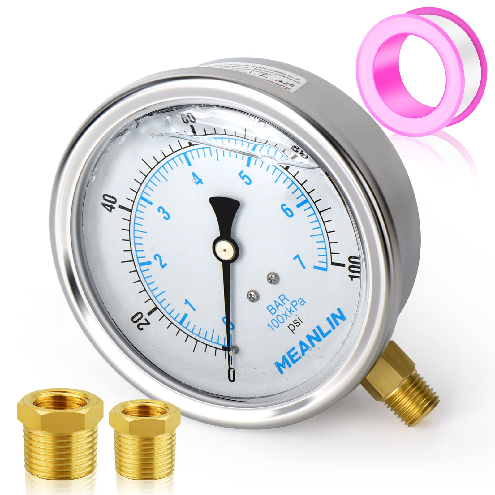 Buy MEANLIN MEASURE 0~100Psi Stainless Steel 1/4" NPT 4" FACE DIAL ...