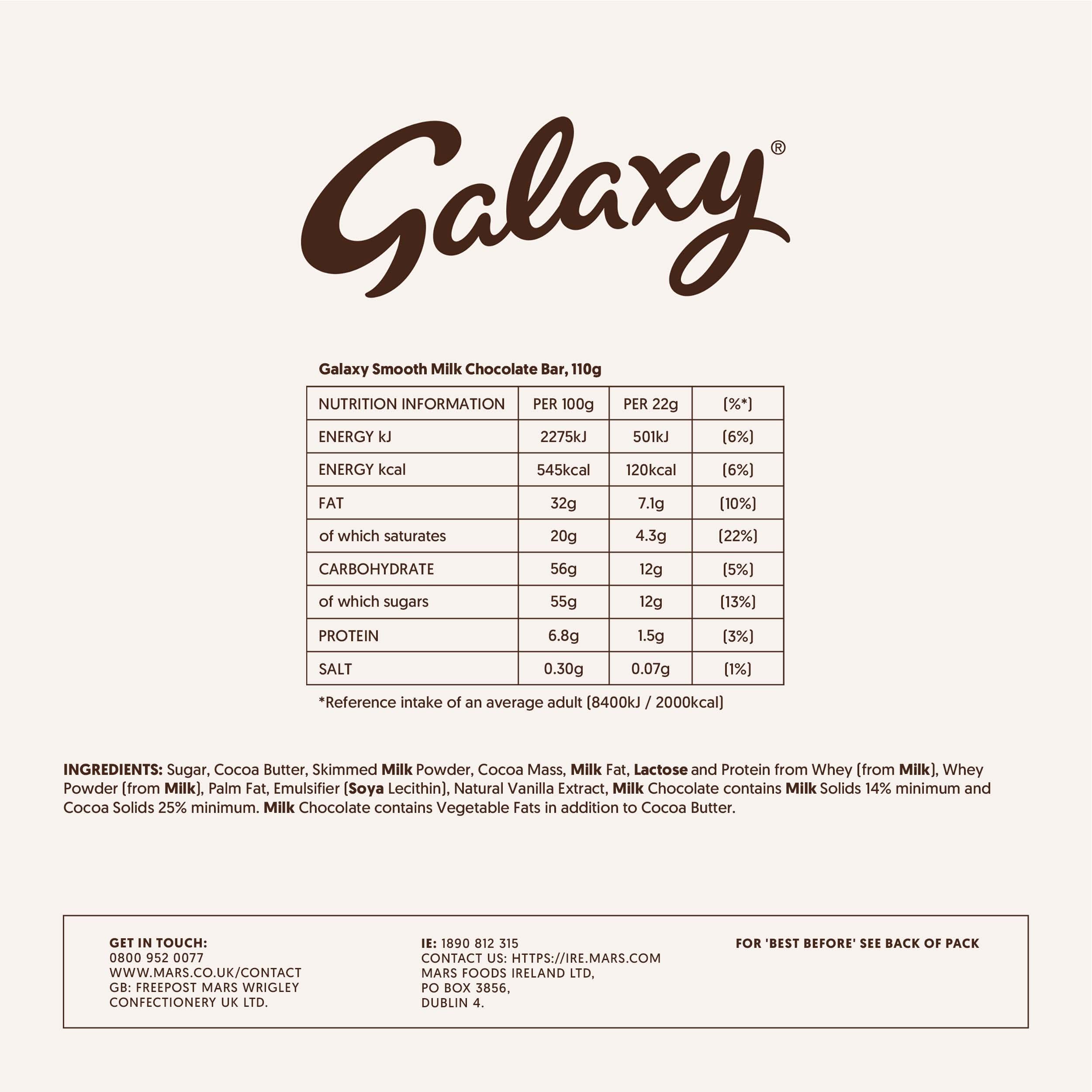 Galaxy Smooth Milk Chocolate Bar, Chocolate Gift, Sharing Bar 110g: Buy ...