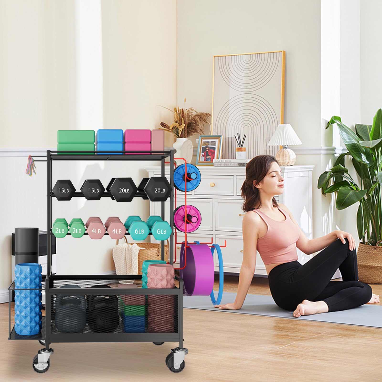 Dumbbell Rack Home Gym Rolling Storage Rack Foam Roller Yoga Mat ...