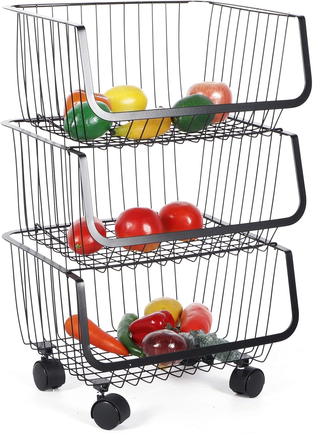 Rolling Stackable Baskets Storage Bins Metal Wire Organizer Kitchen ...
