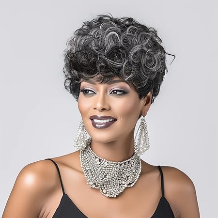 Amazon.com : Short Grey Wigs for Black Women Black Mixed Grey Pixie Cut Wig Short Gray Wigs for ...