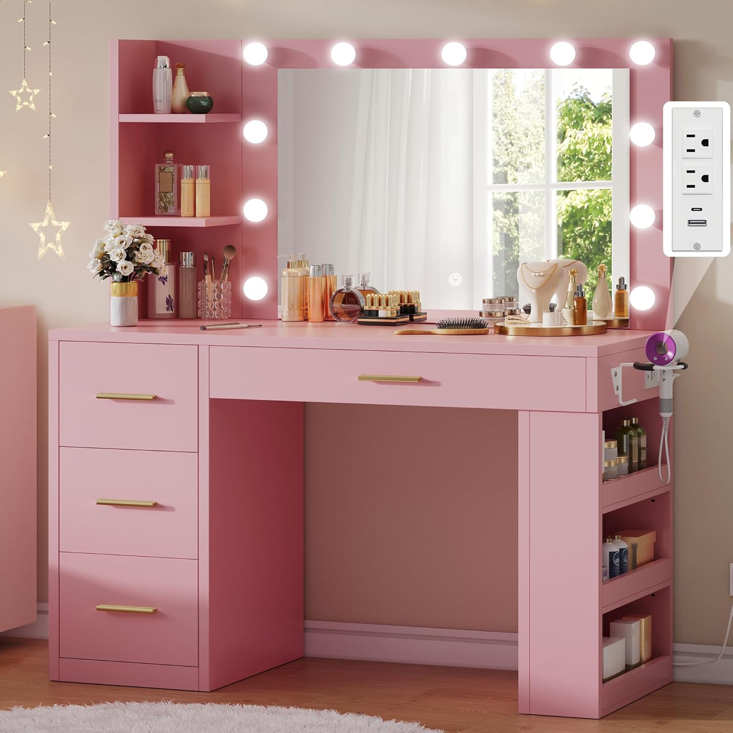 YITAHOME Vanity with Mirror and Lights, Makeup Vanity Table with ...