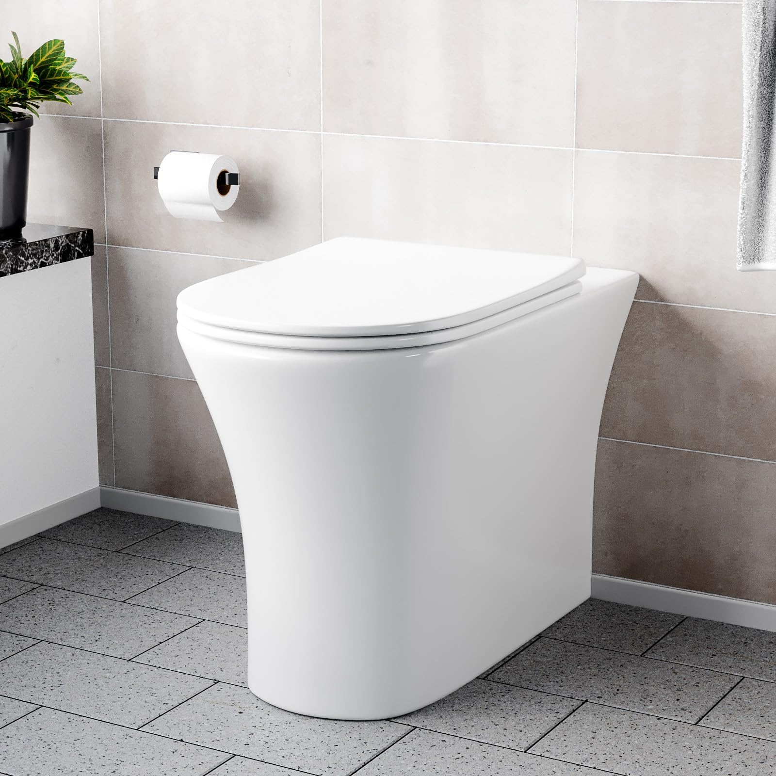 Comfort Height Rimless Back to Wall BTW Toilet Soft Close Seat Modern ...