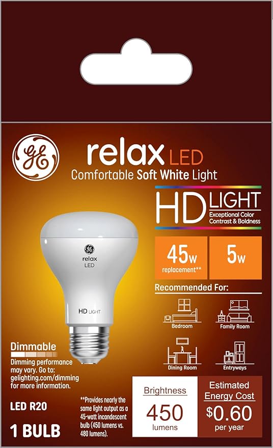 GE Relax LED Light Bulb, 45 Watt, Soft White, R20 Indoor Floodlight (1 ...