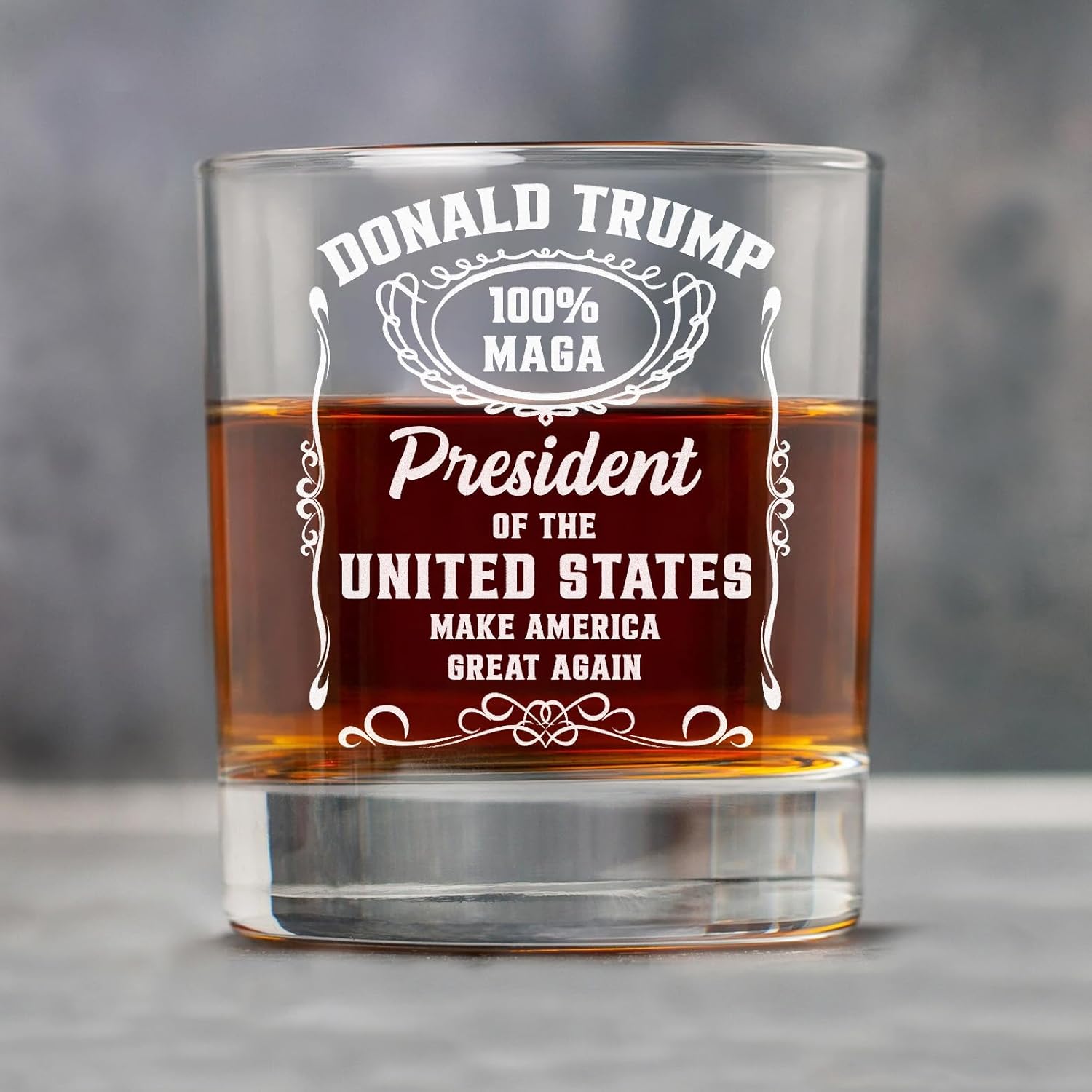Engraved Donald Trump Whiskey Label Rock Glass