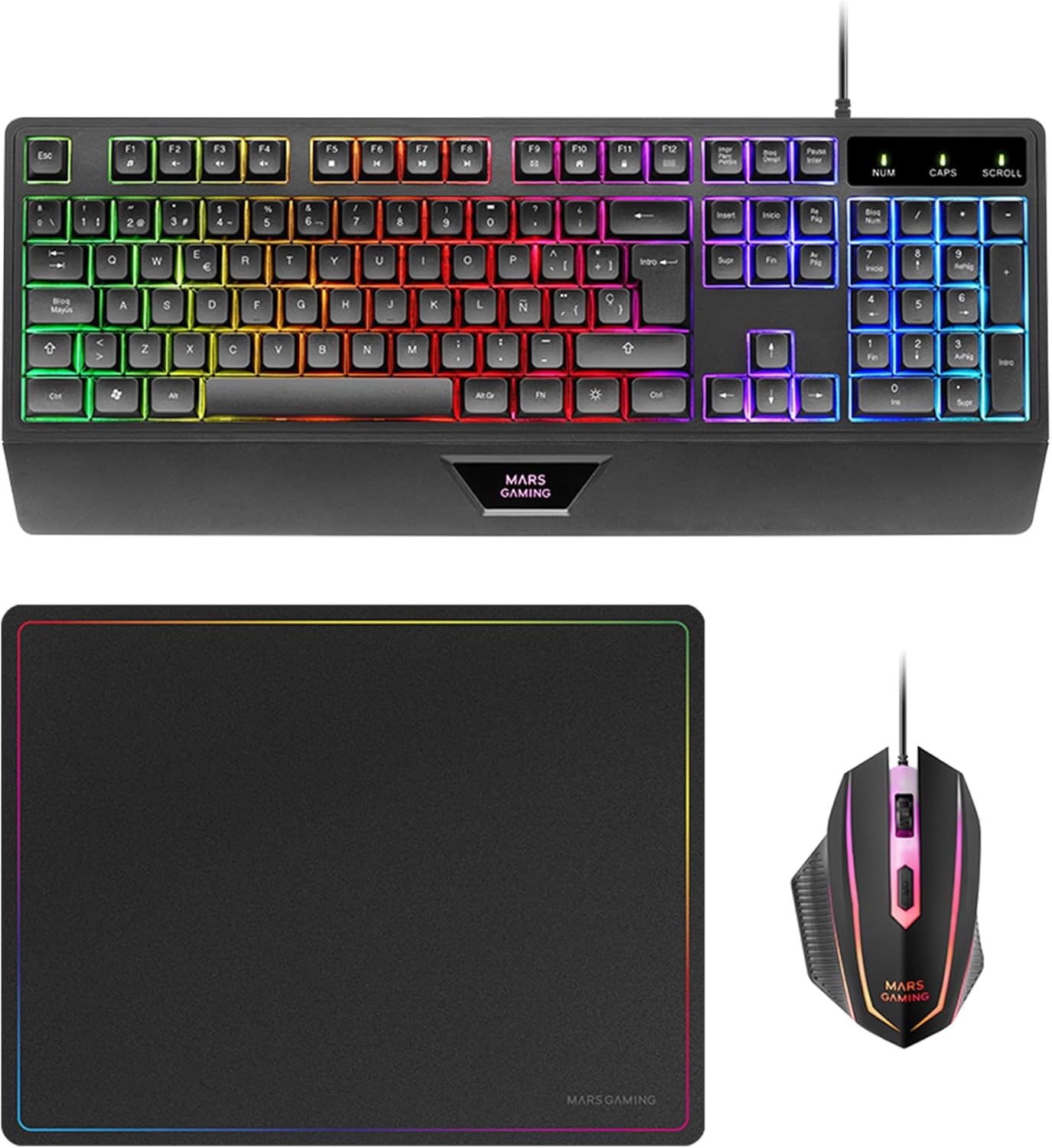 Mars Gaming MCP124, Combo Gaming 3en1, Clavier Ergonomique H-Mech LED RVB, Souris RVB 3200DPI ...