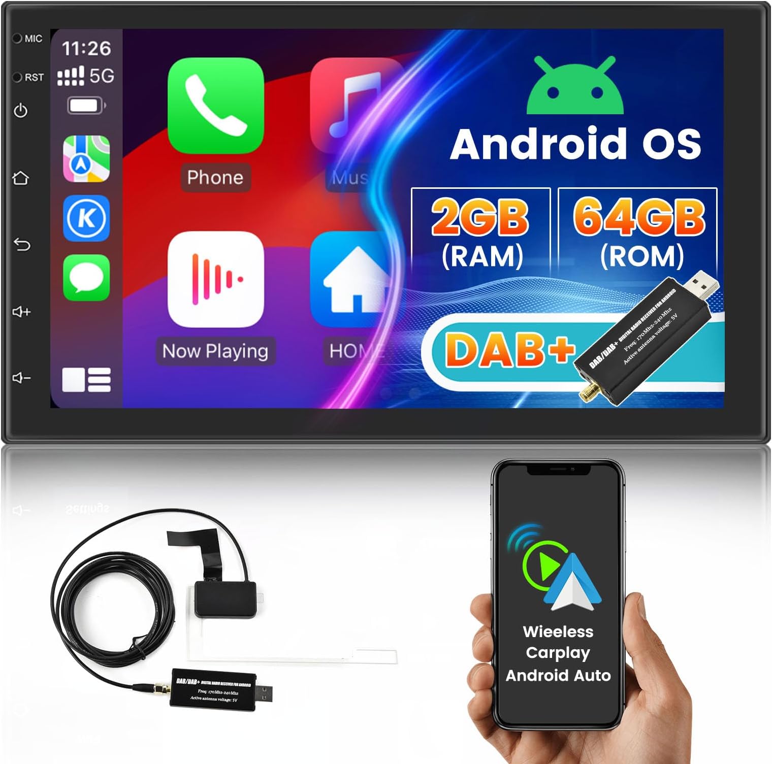 Hikity DAB/DAB+ Double Din Android Car Stereo with Wireless Carplay ...
