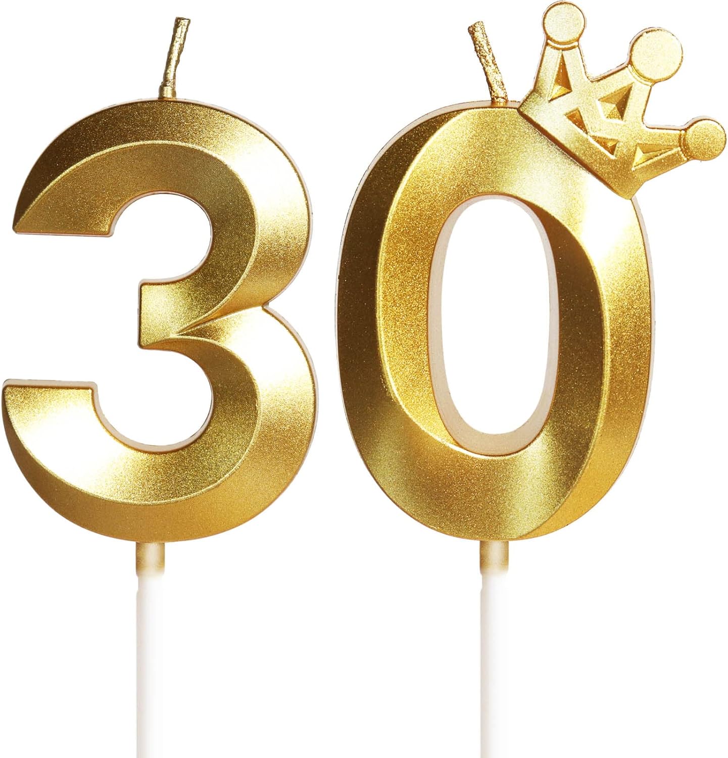 Yiran Gold 30th Birthday Candles with Crown Decor, 3D Number 30 Candle ...