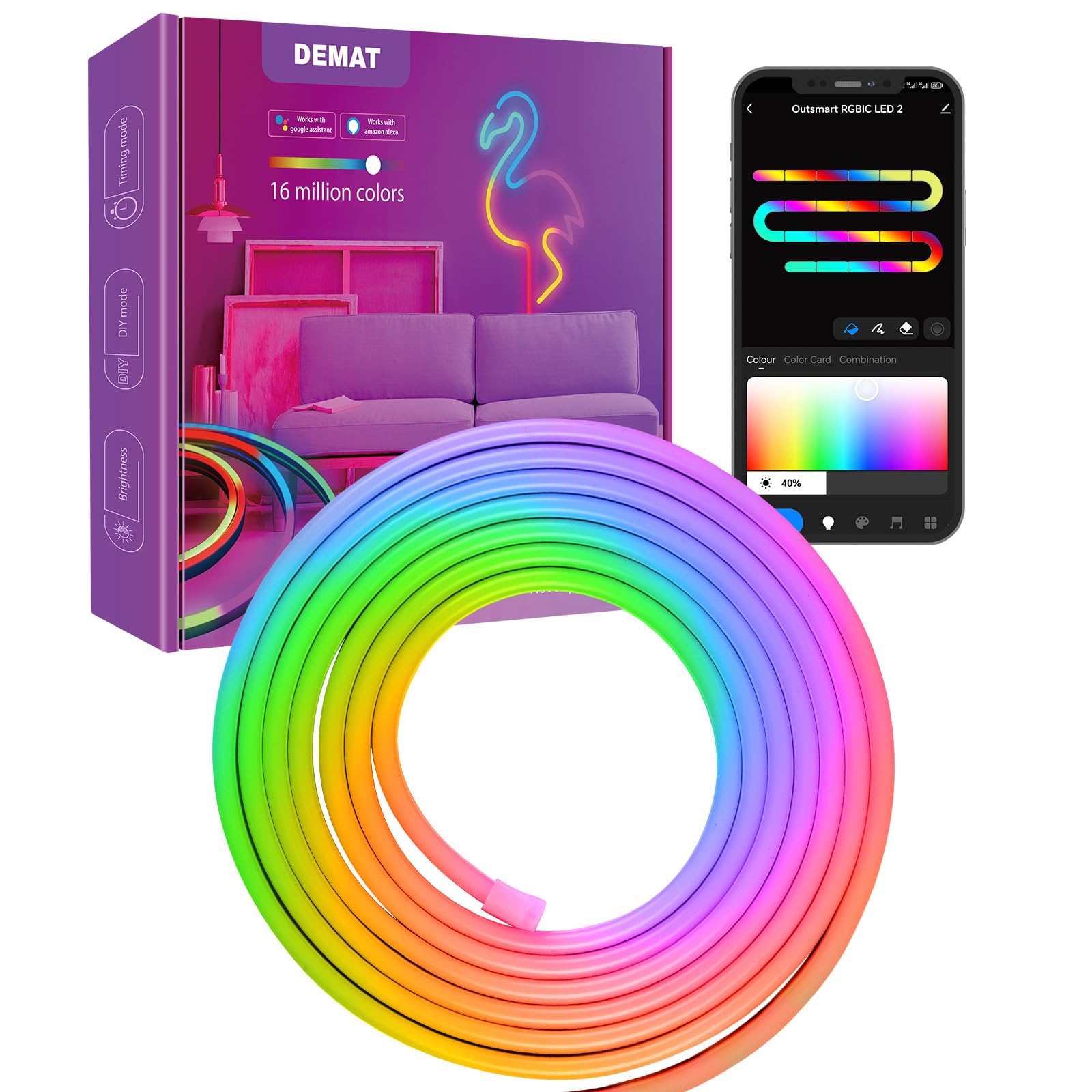 Neon Rope Light RGB-IC 32.8FT, Smart LED Light Strip Compatible with ...