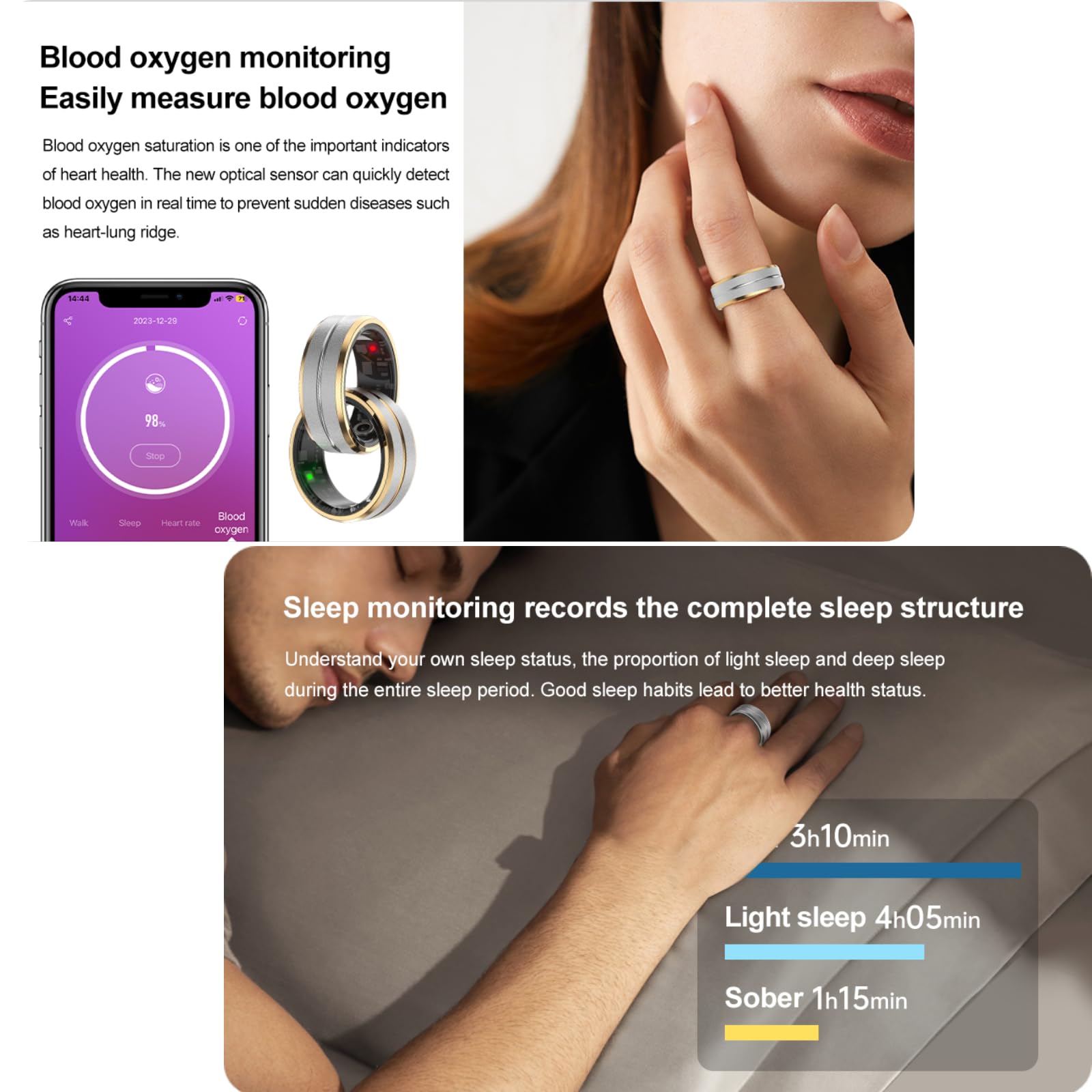 Smart Ring Health Tracker - Fitness Sleep Heart Rate Blood Oxygen ...