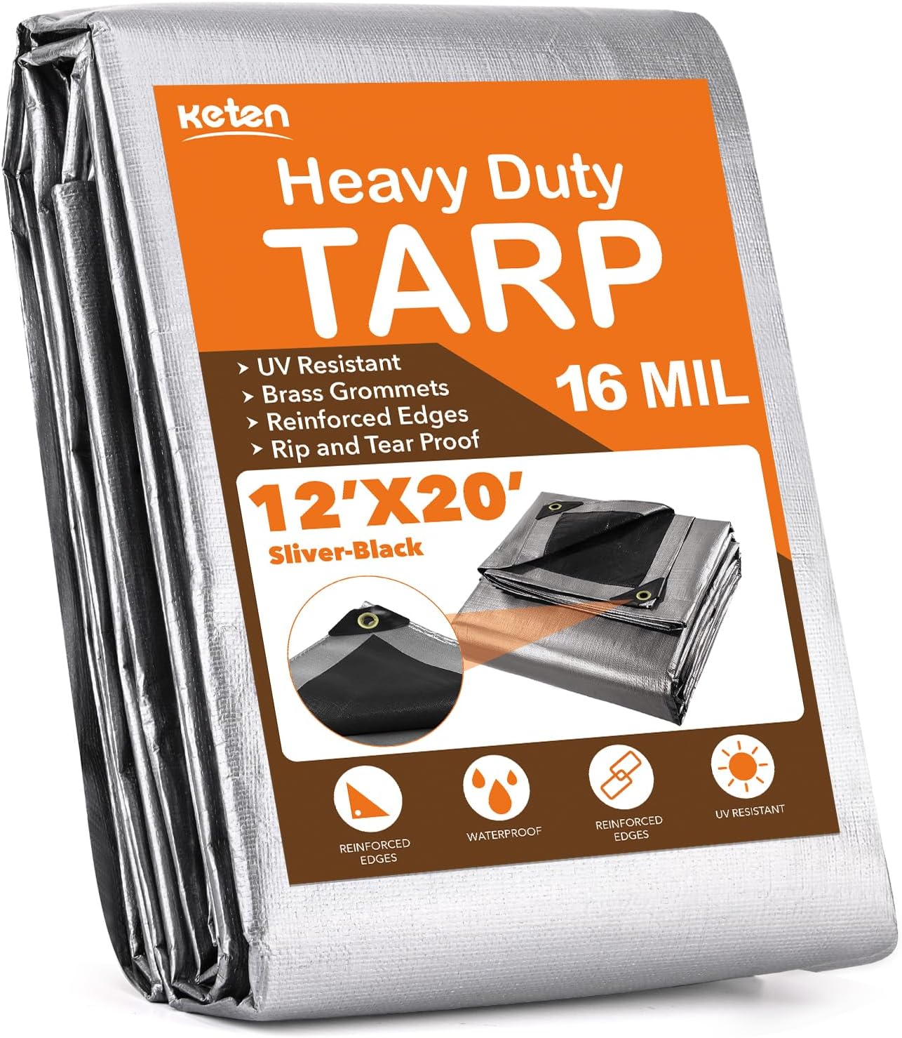 Keten Tarps Heavy Duty Waterproof 12X20 Feet, Extra Thick 16 Mil, Tear ...