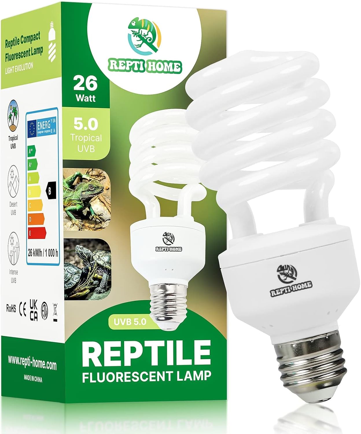 REPTI HOME Reptile UVB Light Bulb 26W, UVA UVB 5.0 Fluorescent Lamp ...