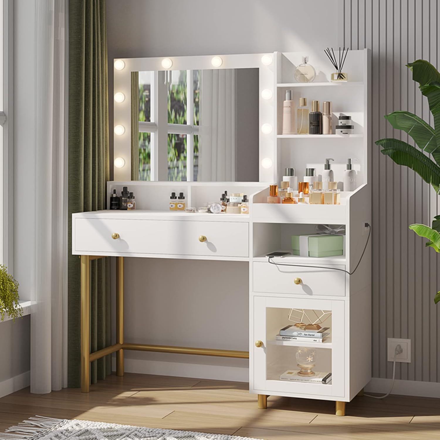 VIAGDO Coiffeuse avec lampe miroir LED en 3 couleurs, coiffeuse avec ...