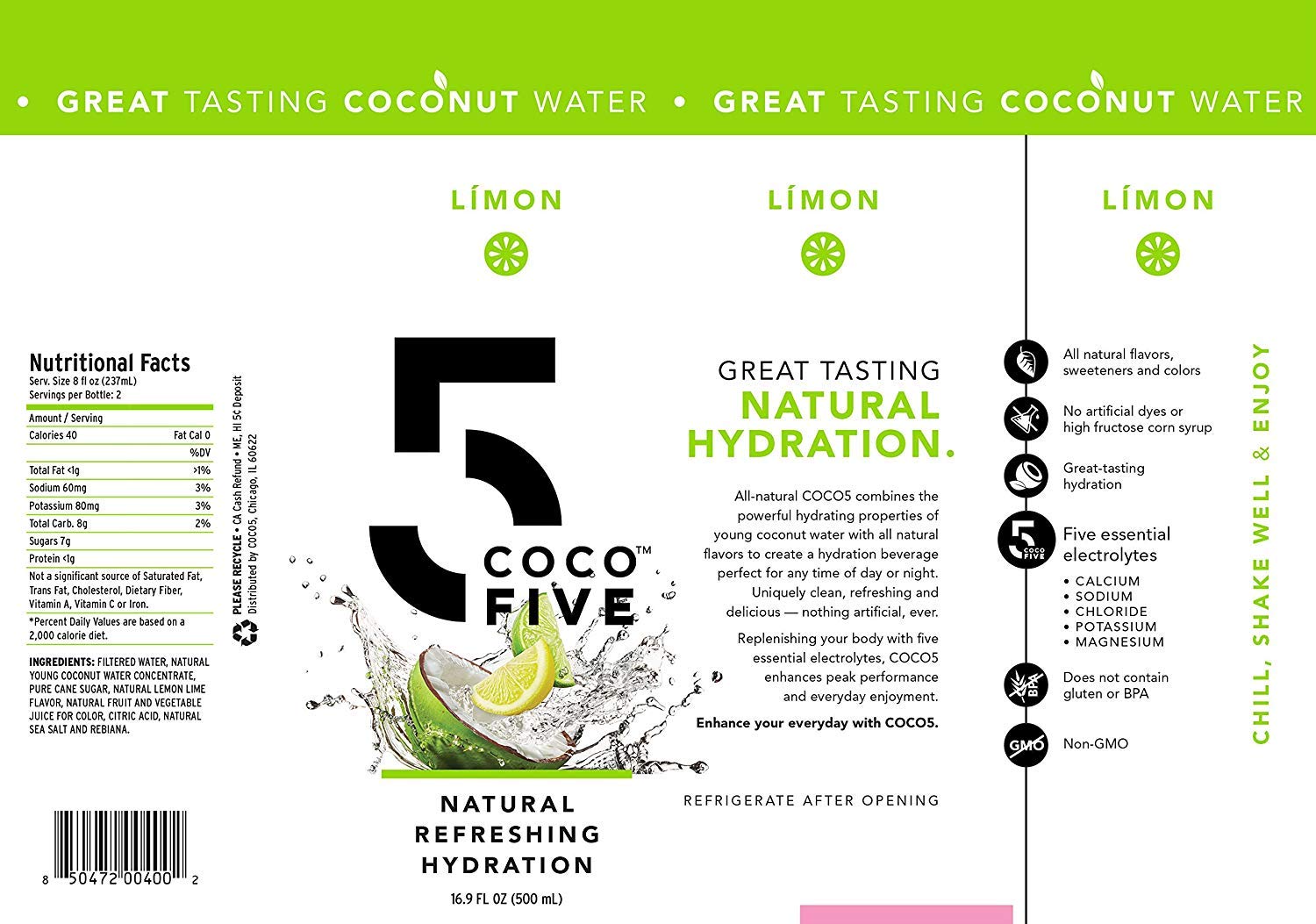 COCO5 Clean Sports Hydration Limon Flavor | 100% Natural | 50% Less ...