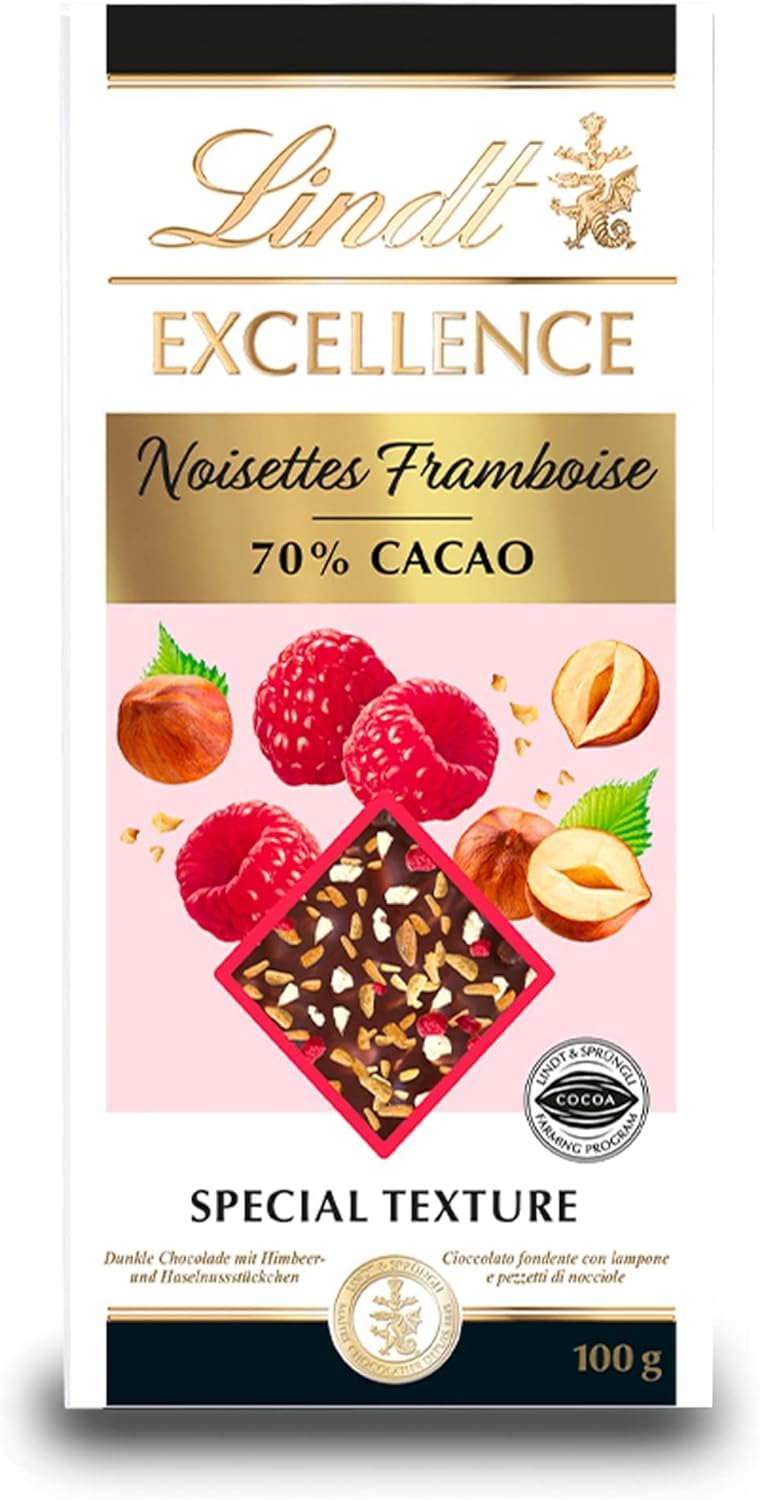 Lindt Excellence Tableta de Chocolate Negro 70% Cacao, con Frambuesa y ...