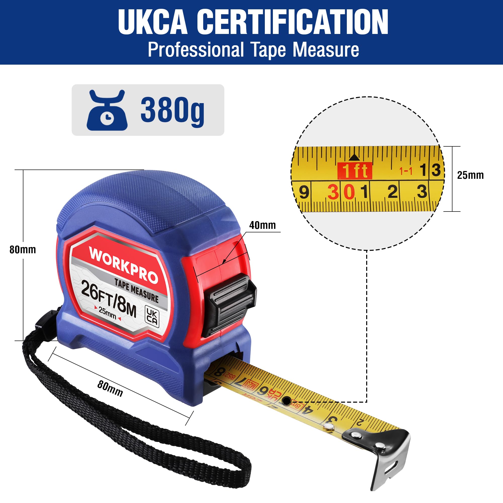 Tape Measure 10 Metre WORKPRO 8M/26FT Tape Measure – Retractable With ...