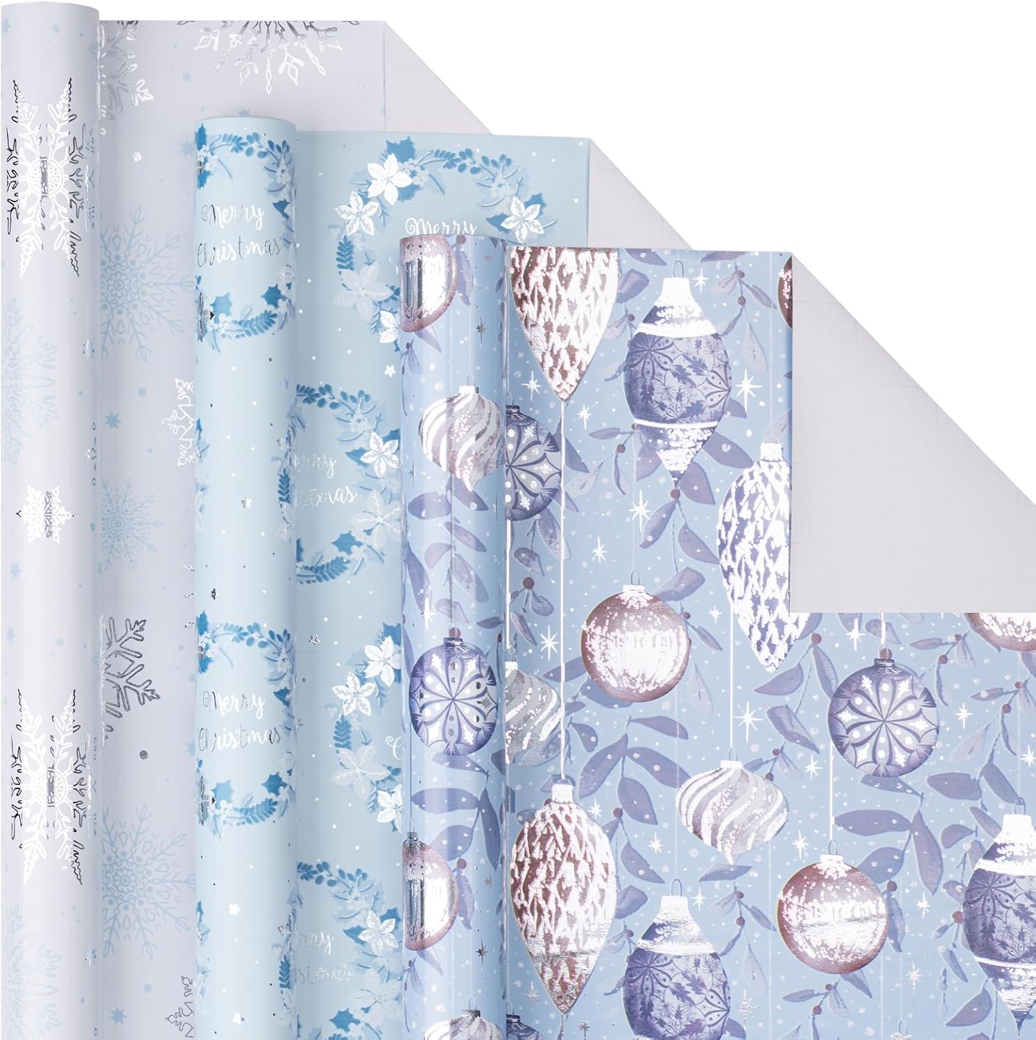 Amazon.com: LeZakaa Blue Christmas Wrapping Paper Mini Roll, Silver ...