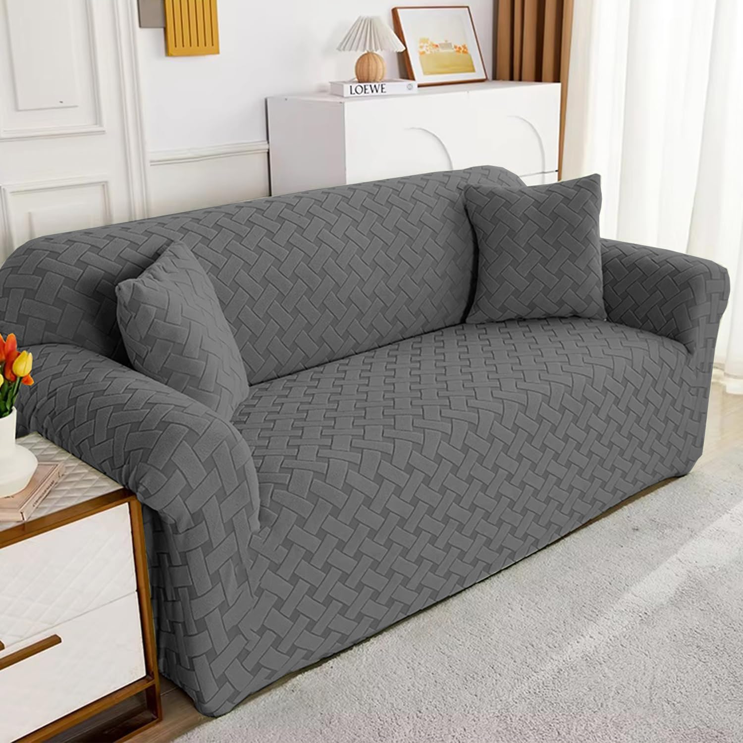 Lukzer Universal 3 Seater Jacquard Sofa Cover with 2 Cushion Covers ...