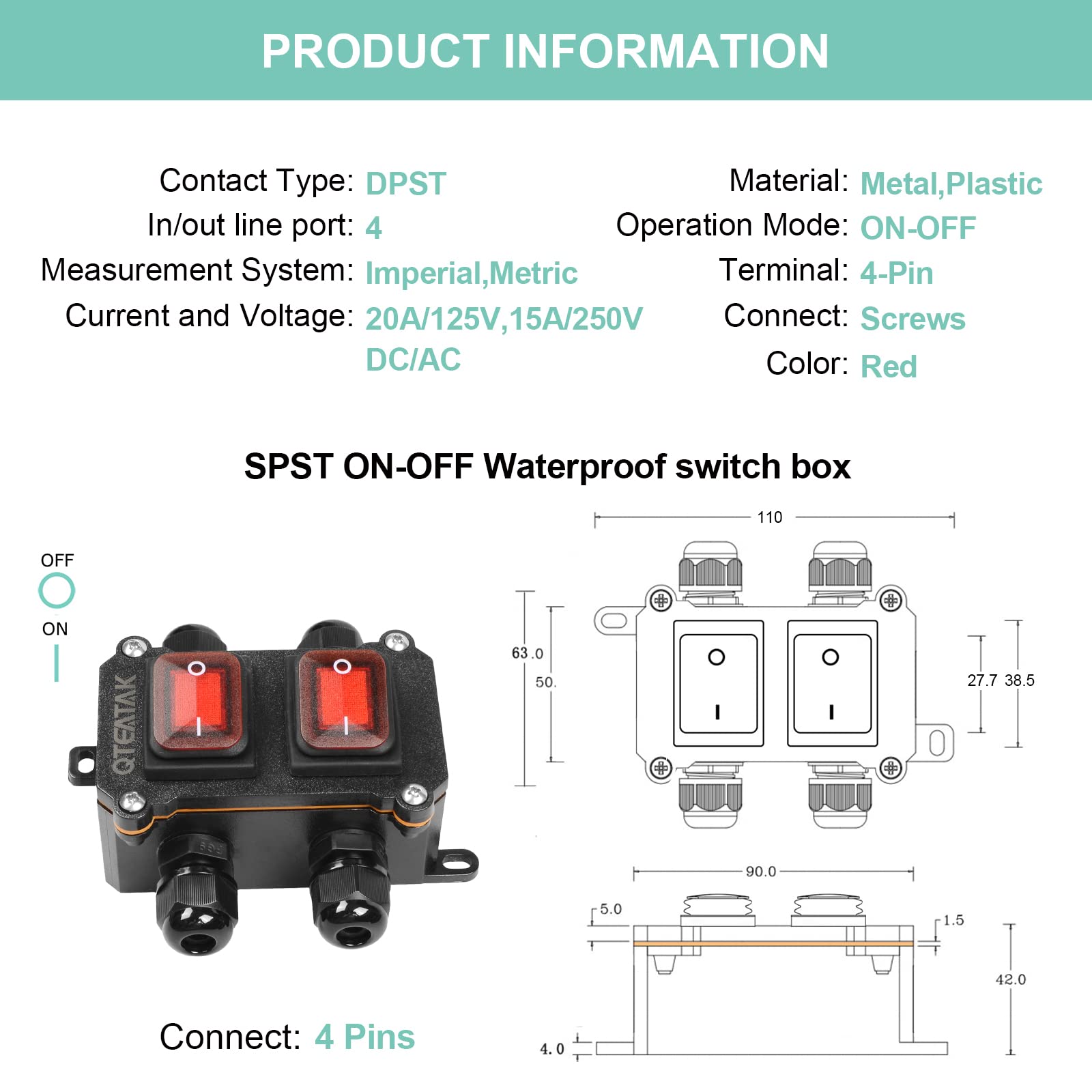 Snapklik.com : QTEATAK Inline Cord Switch DPST AC/DC 20A-125V,16A-250V ...