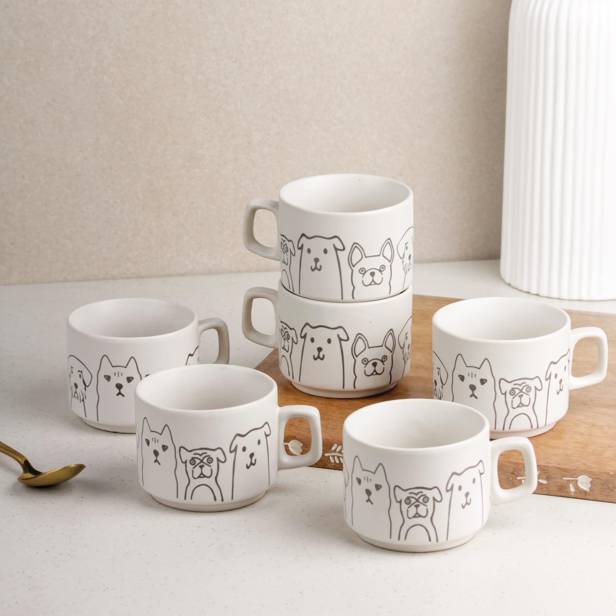 The Earth Store White Pawfect Ceramic Tea Cup Set of 6, 200 ML Each ...