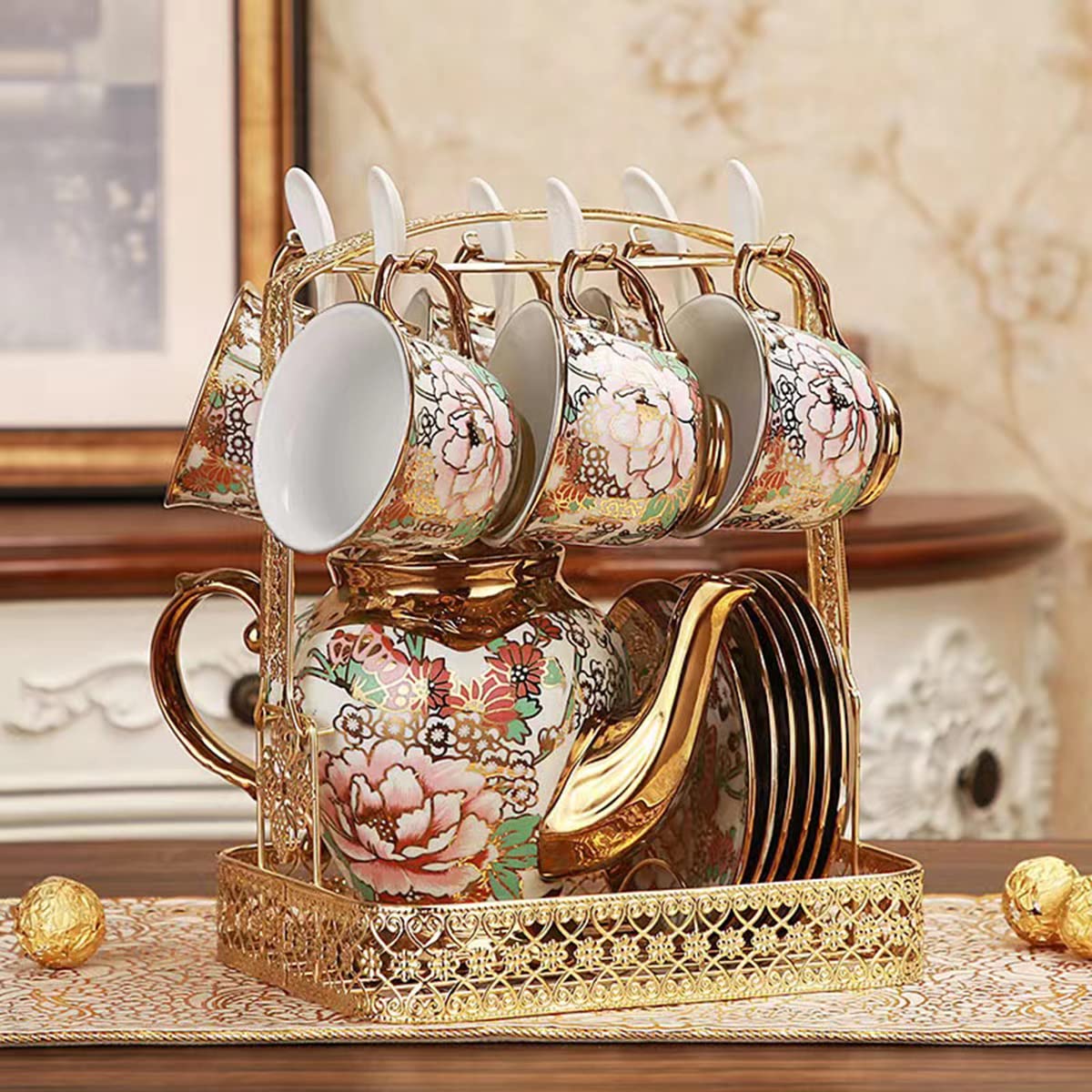 CHANJOON 20 Piece Gold Plated red Rose Ceramic Tea Set, Vintage Tea Set with teapot, Beautiful ...
