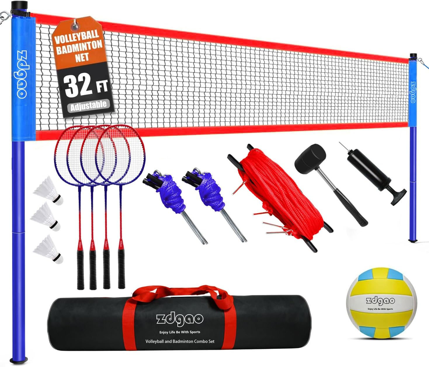 Amazon.com : Badminton & Volleyball Combo Set- 32FT Adjustable ...