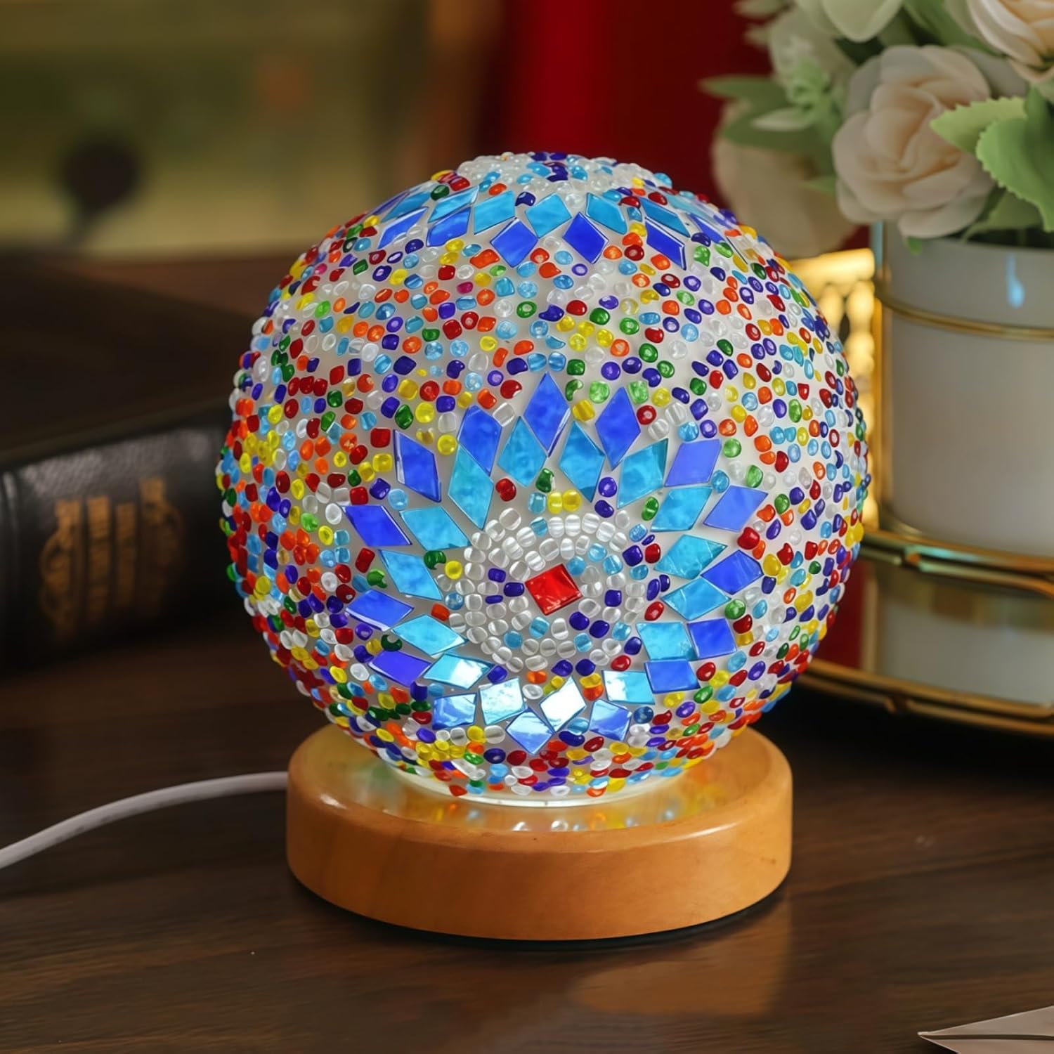 Solis Convene Turkish Table lamp, Handmade Mosaic Glass Lamps with Wooden Base, Bohemian Tiffany ...
