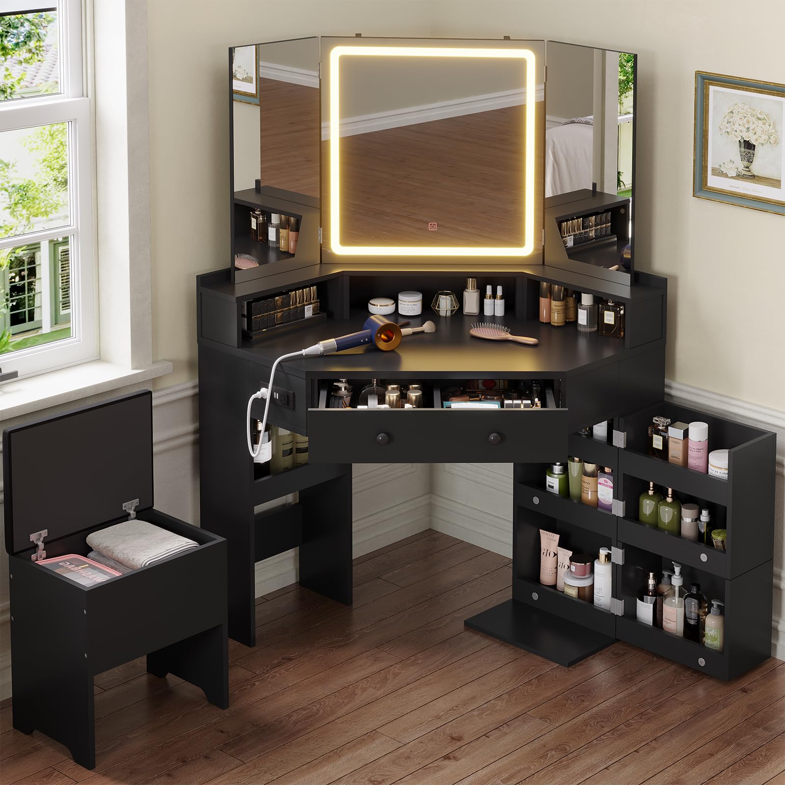 Haewon White Vanity Desk with Mirror and Lights, Makeup Vanity with ...