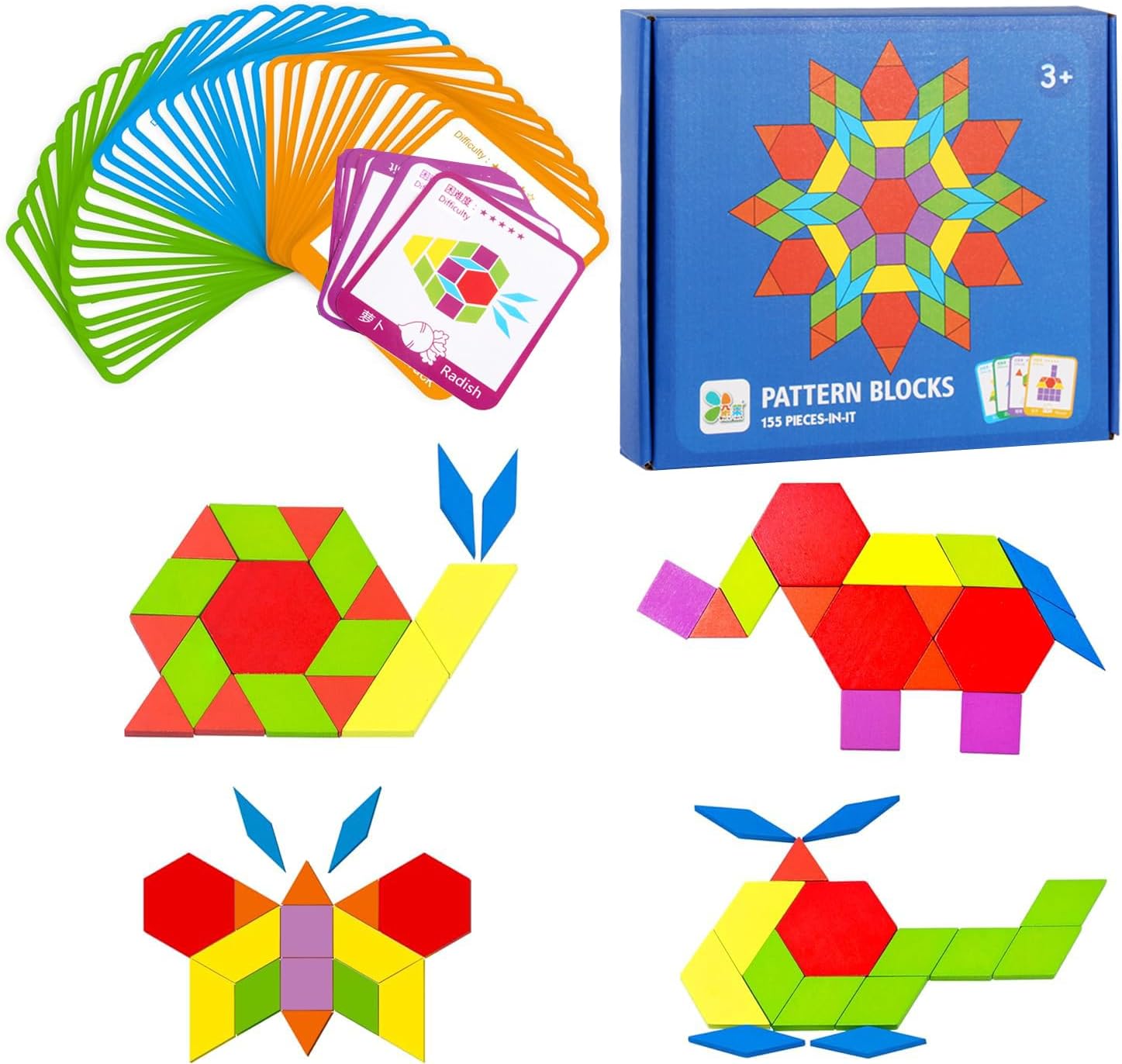 Amazon.com: QULEWUU Wooden Pattern Blocks Set, 155 Pcs Wood Geometric ...