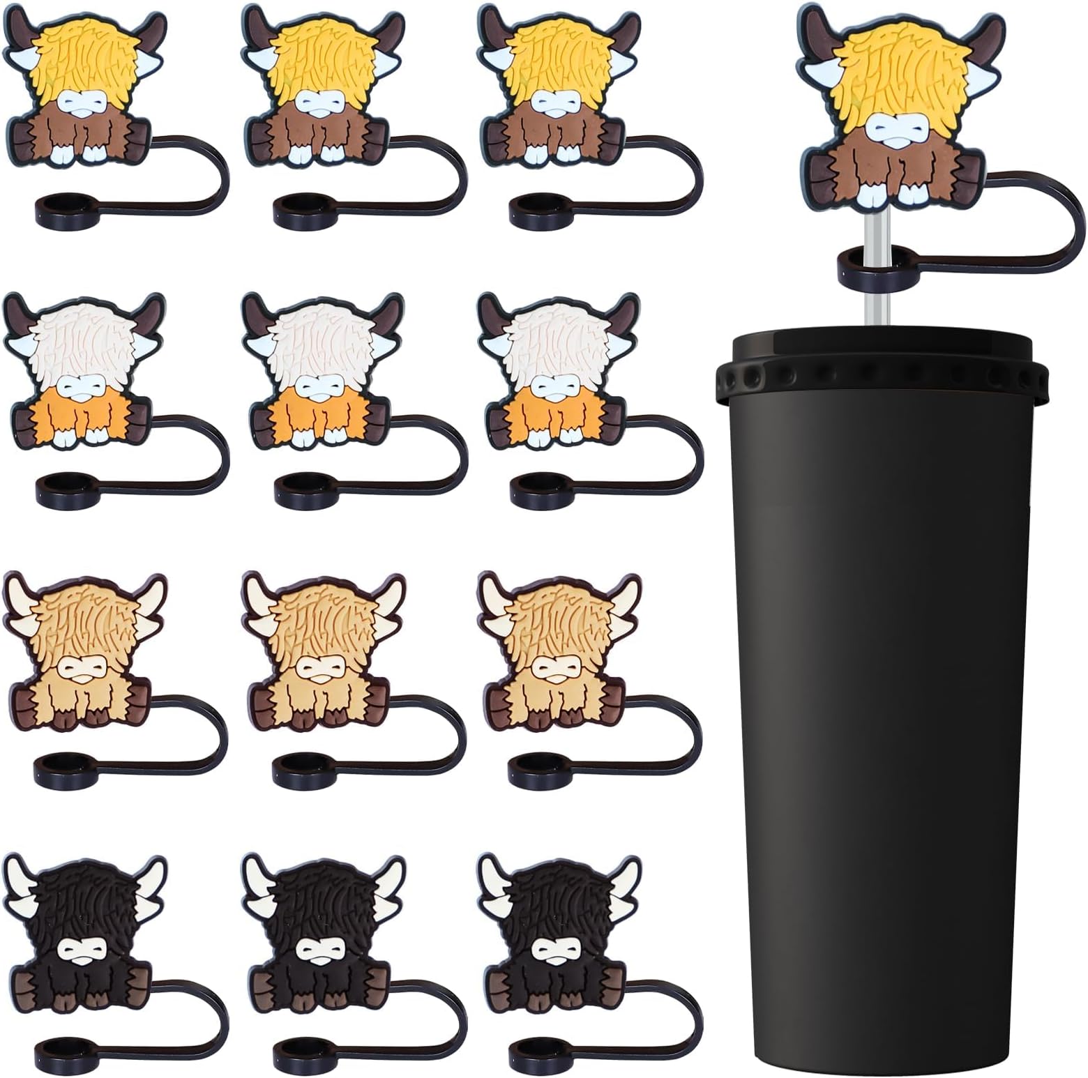 Amazon.com: 12 Pcs Highland Cow Straw Cover Cap Silicone Straw Tips ...