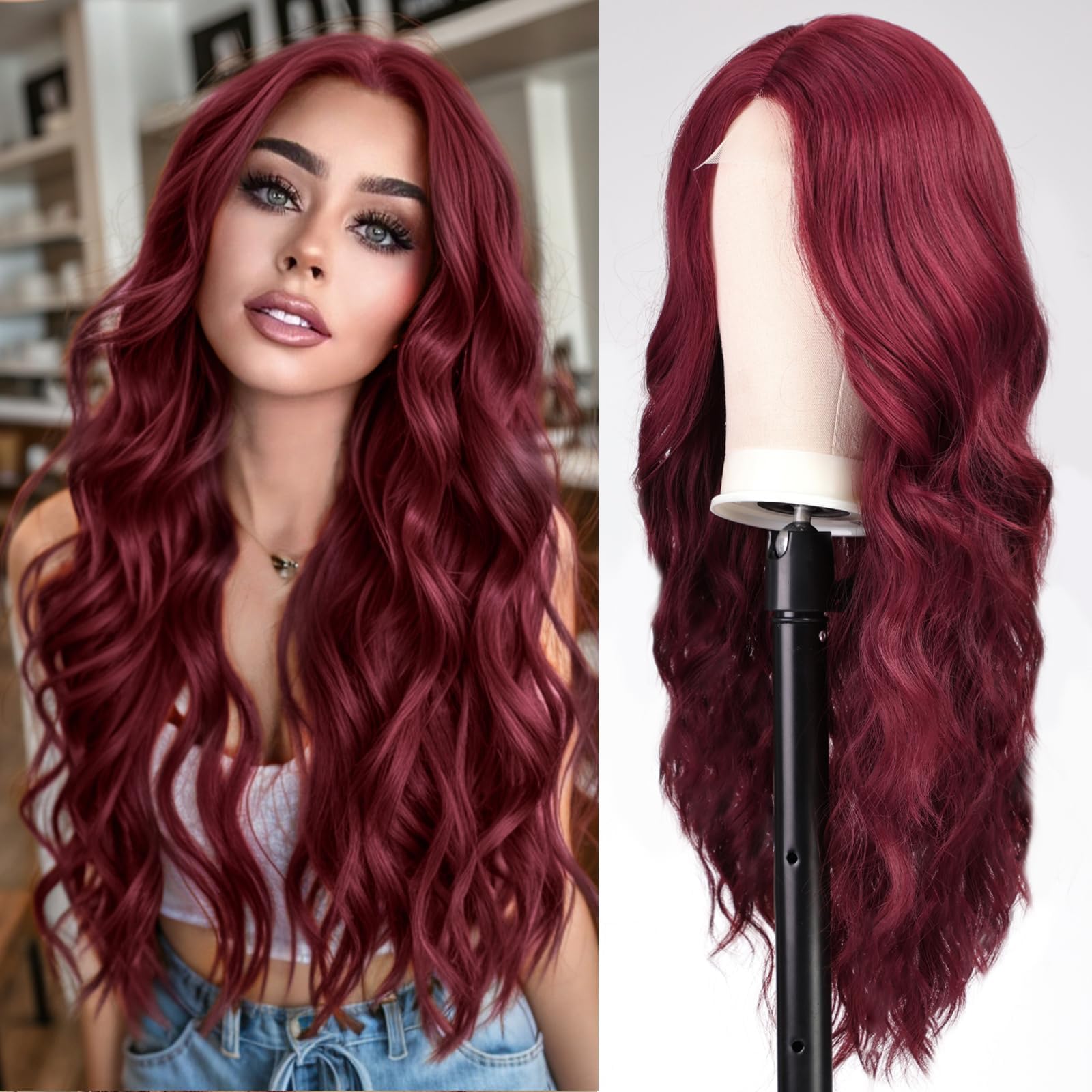 EMMOR Long Wine Red Wavy Wig for Women Lace Front Wigs Natural Looking ...