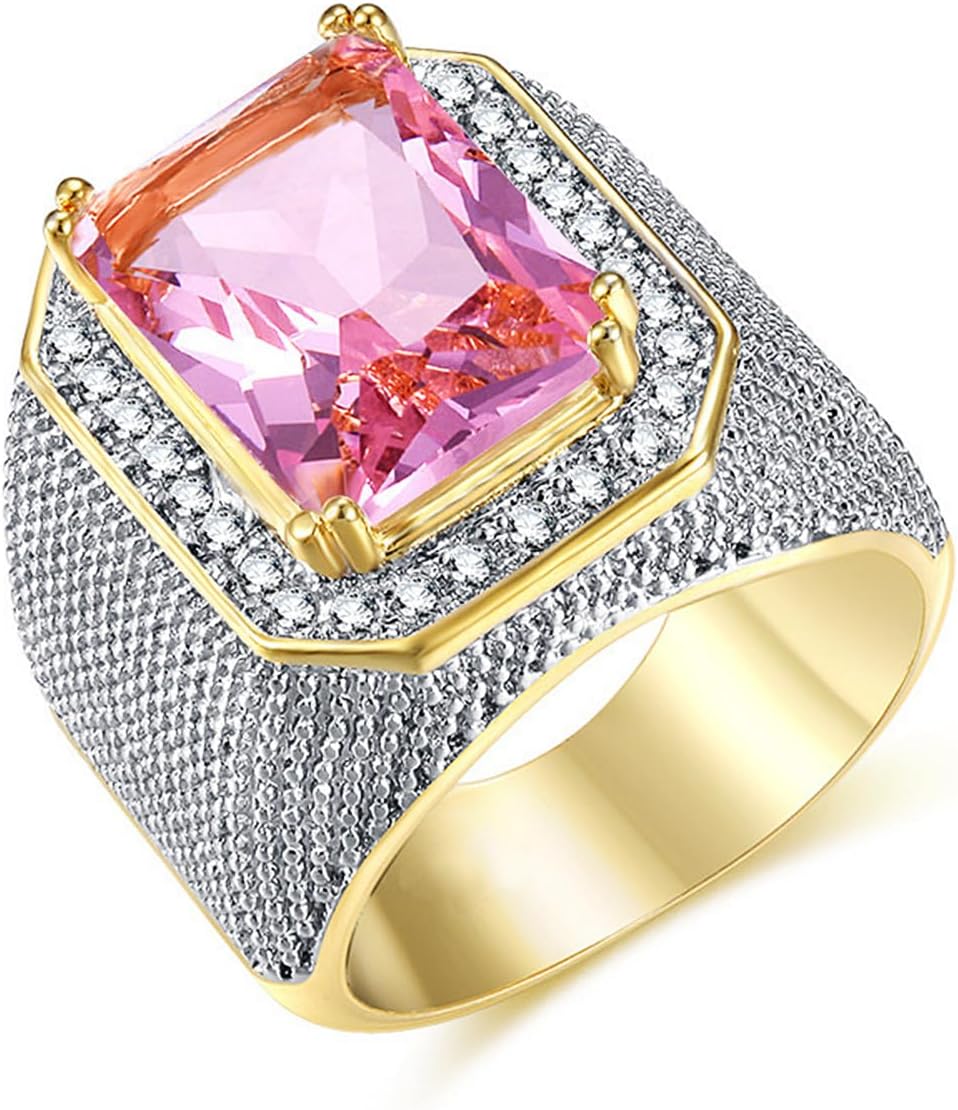 VUIFONGS ICED OUT Big Pink gemstone Rings for Men Hip Hop Square ring ...