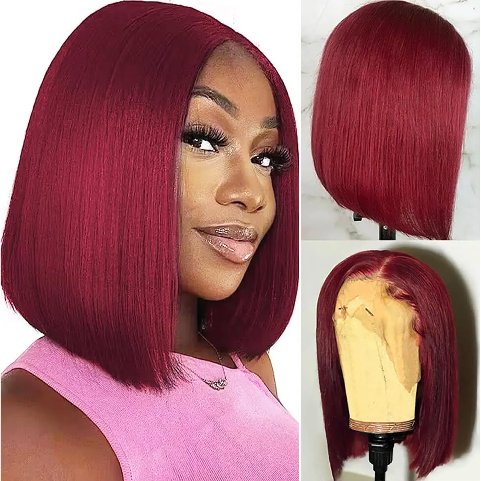 Amazon.com : 99j Burgundy Lace Front Wigs Human Hair 10 Inch Bob Wig ...
