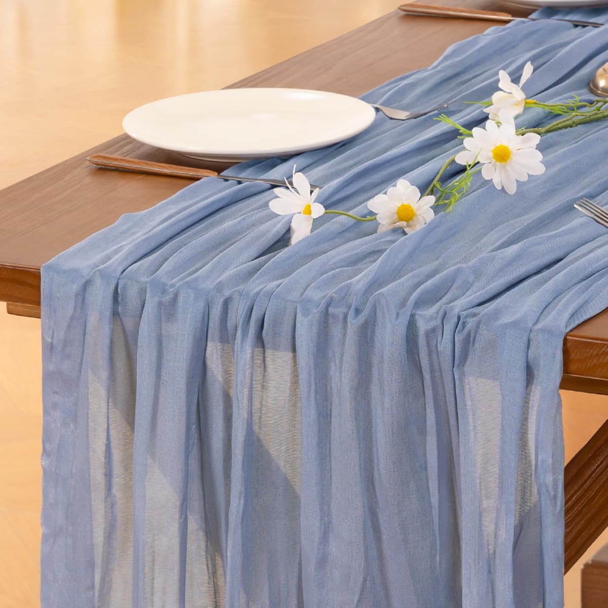 Snapklik.com : Dusty Blue Table Runner Spring Easter Cheesecloth Table ...