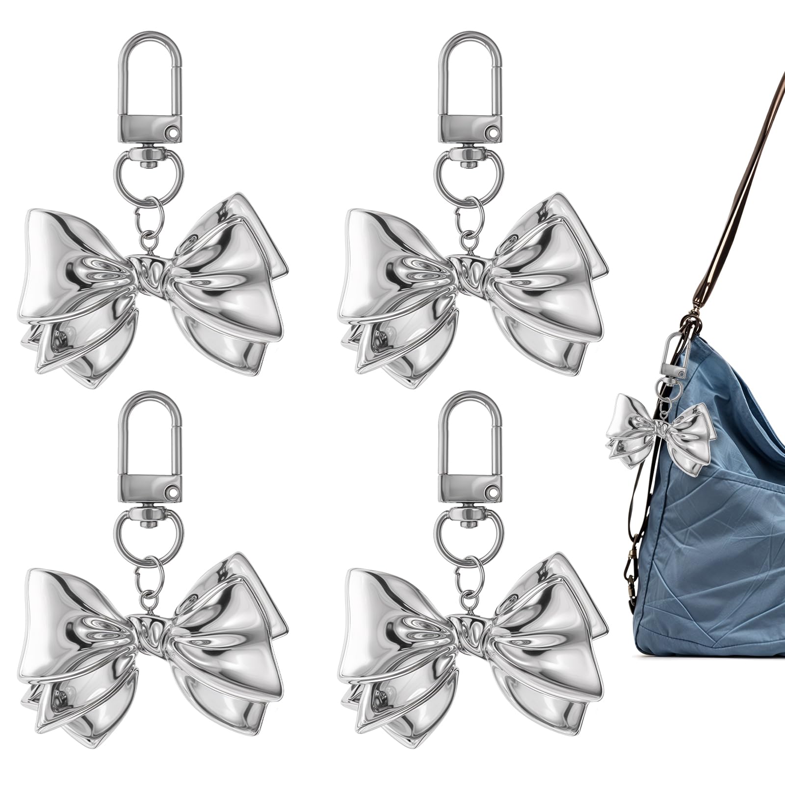 4 PCS Bow Keychain for Women, Cute Keychain Silver Bow Charm Bag for ...