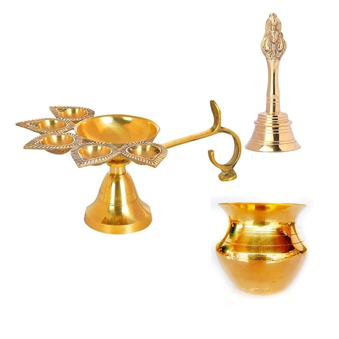 Buy Chircrafts Pital Solid Brass Panchmukhi Deepak Diya Dipak Bell and ...