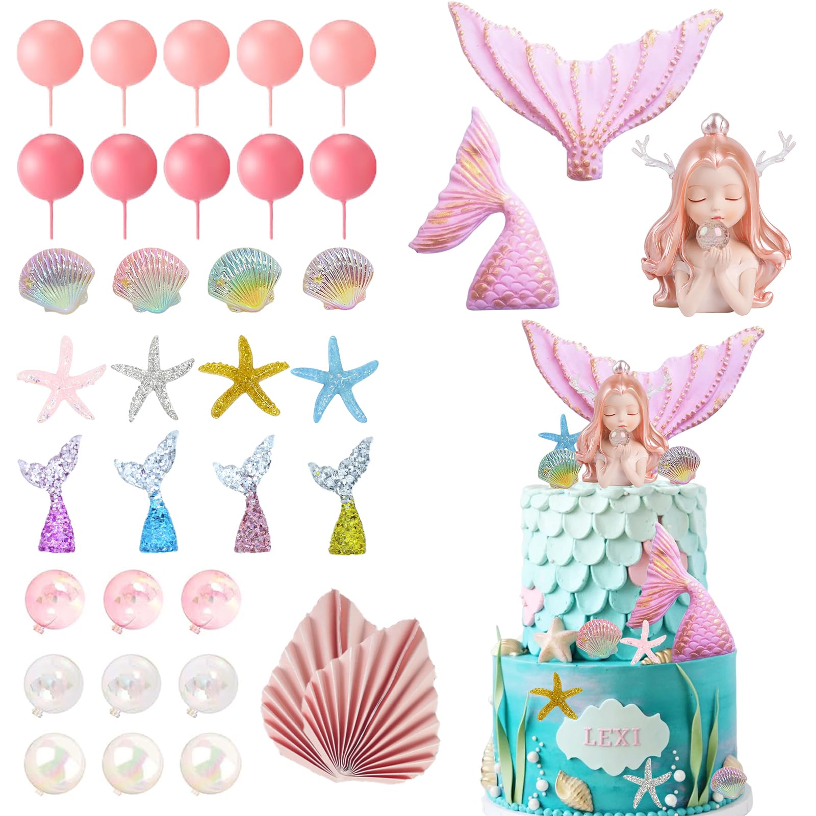 Amazon.com: 36 Pcs Mermaid Cake Topper Mermaid Tail Shells Sea Star ...
