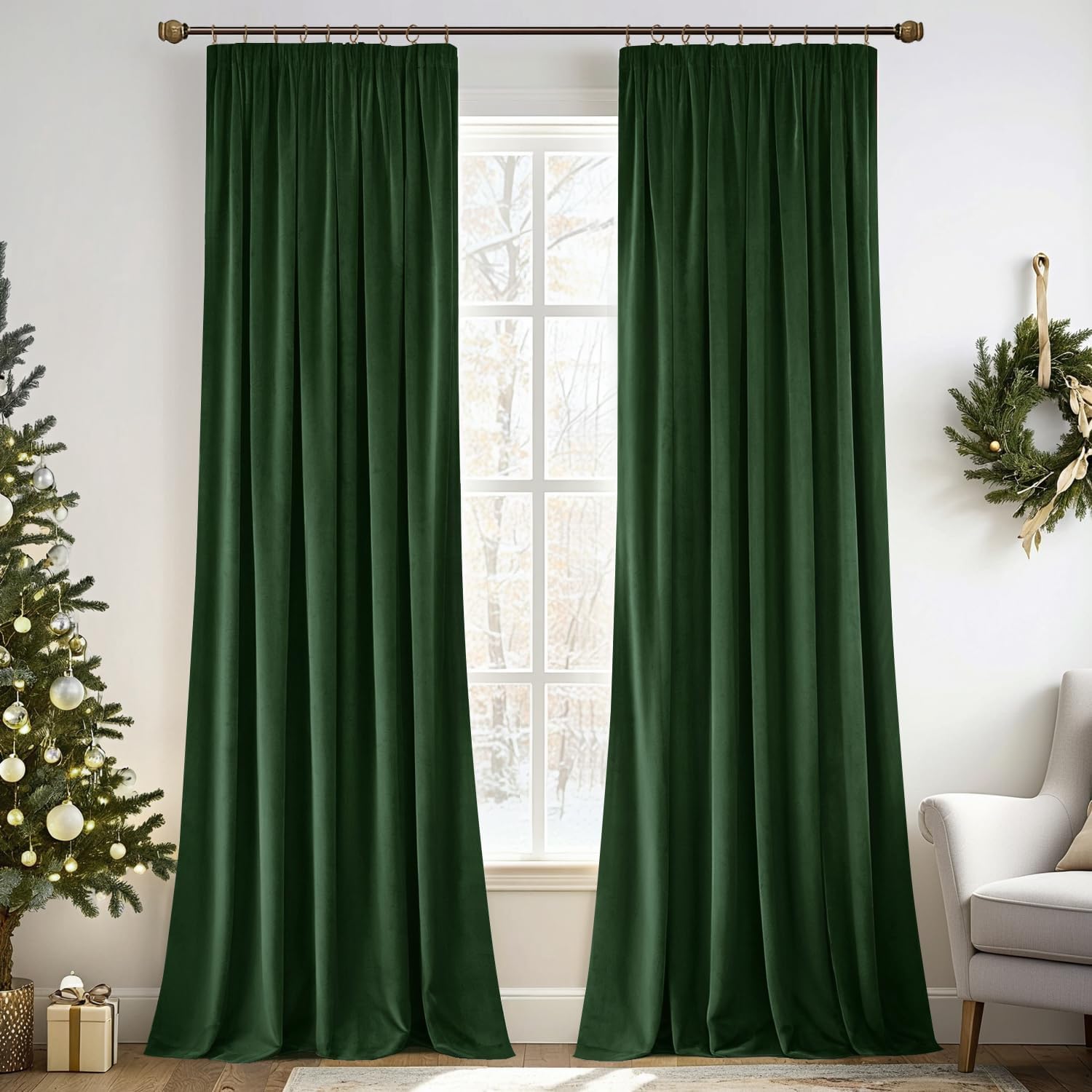 Woaboy Pencil Pleat Velvet Green Curtains 90 Drop for Living Room ...