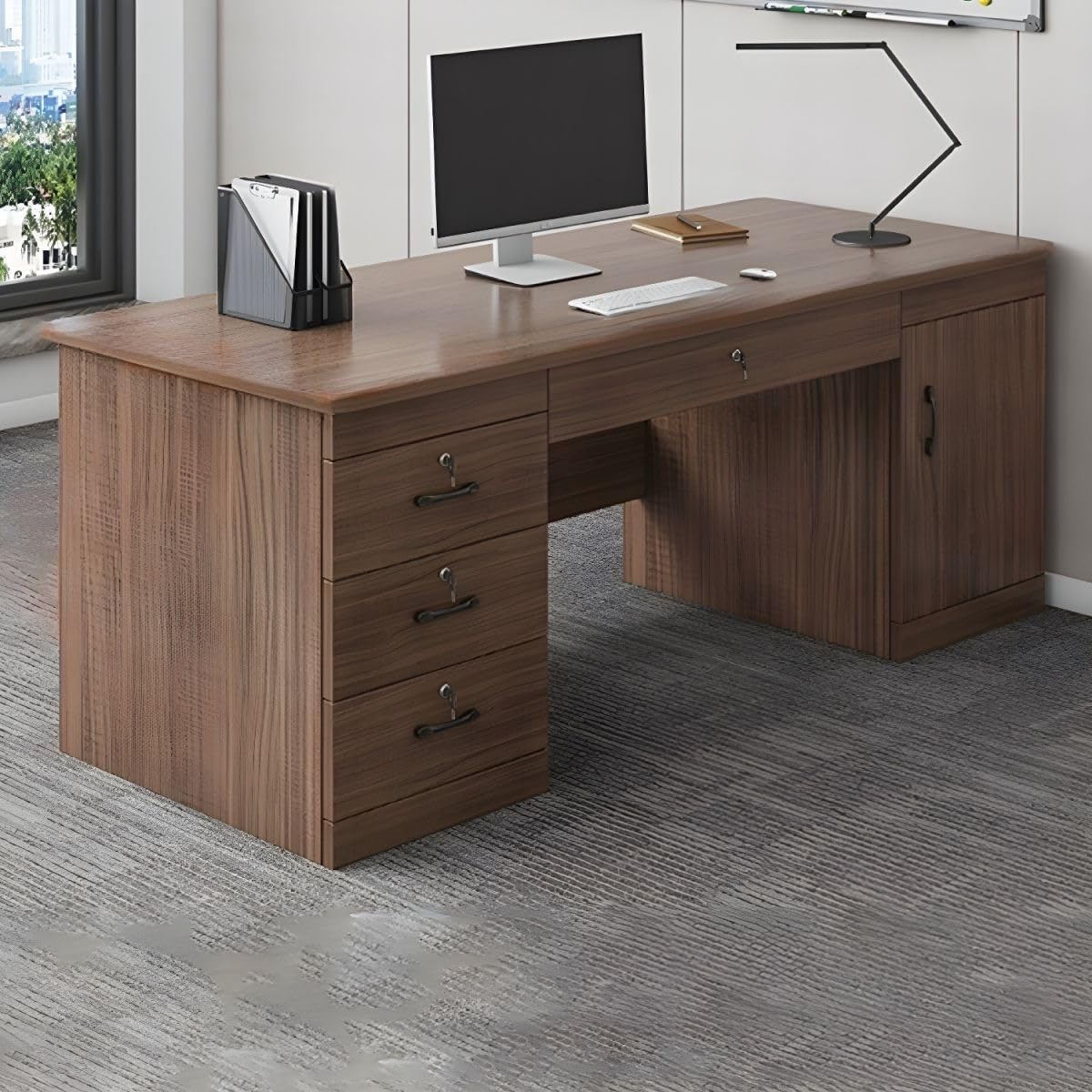 Amazon.com: KWOKING Contemporary Brown Wooden Office Desk with Locking ...
