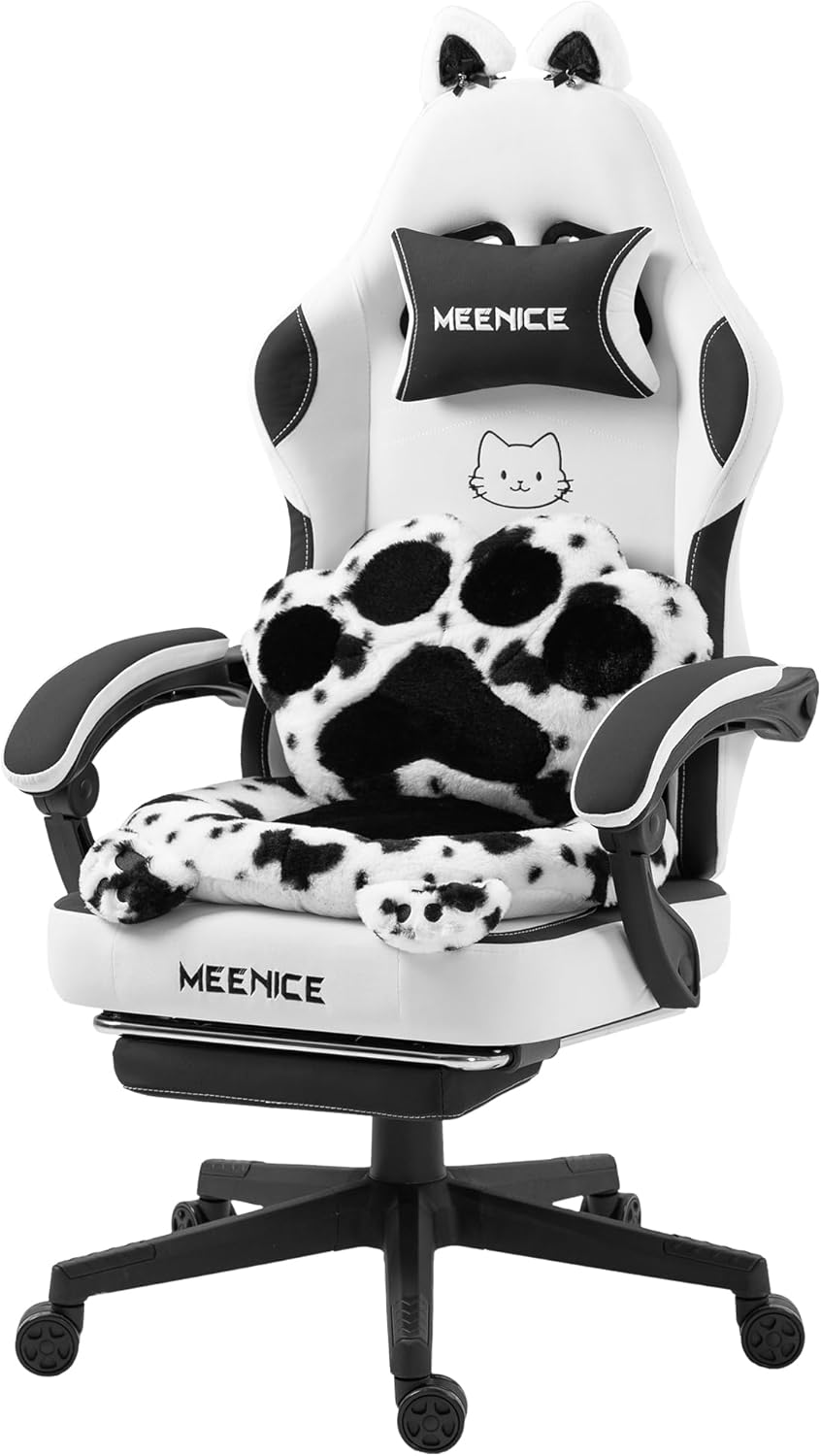 Gaming Chair Cute with Cat Ears Paw Lumbar and Cushion,Ergonomic ...