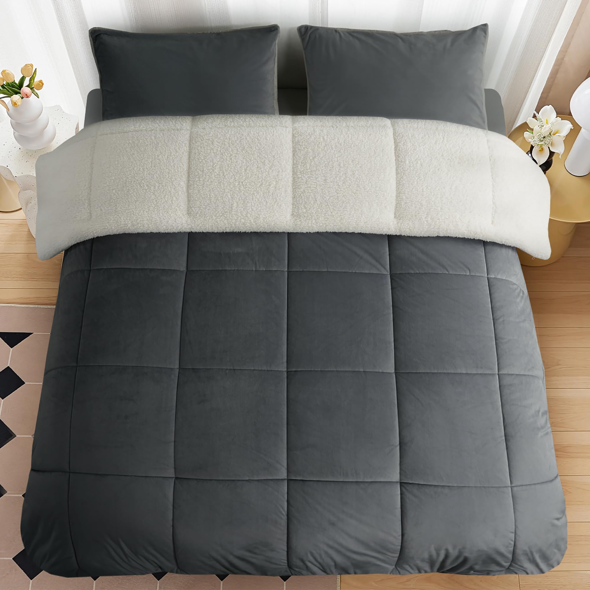 Queen Comforter Set Ultra Soft Micromink Sherpa Comforter, 3 Piece ...