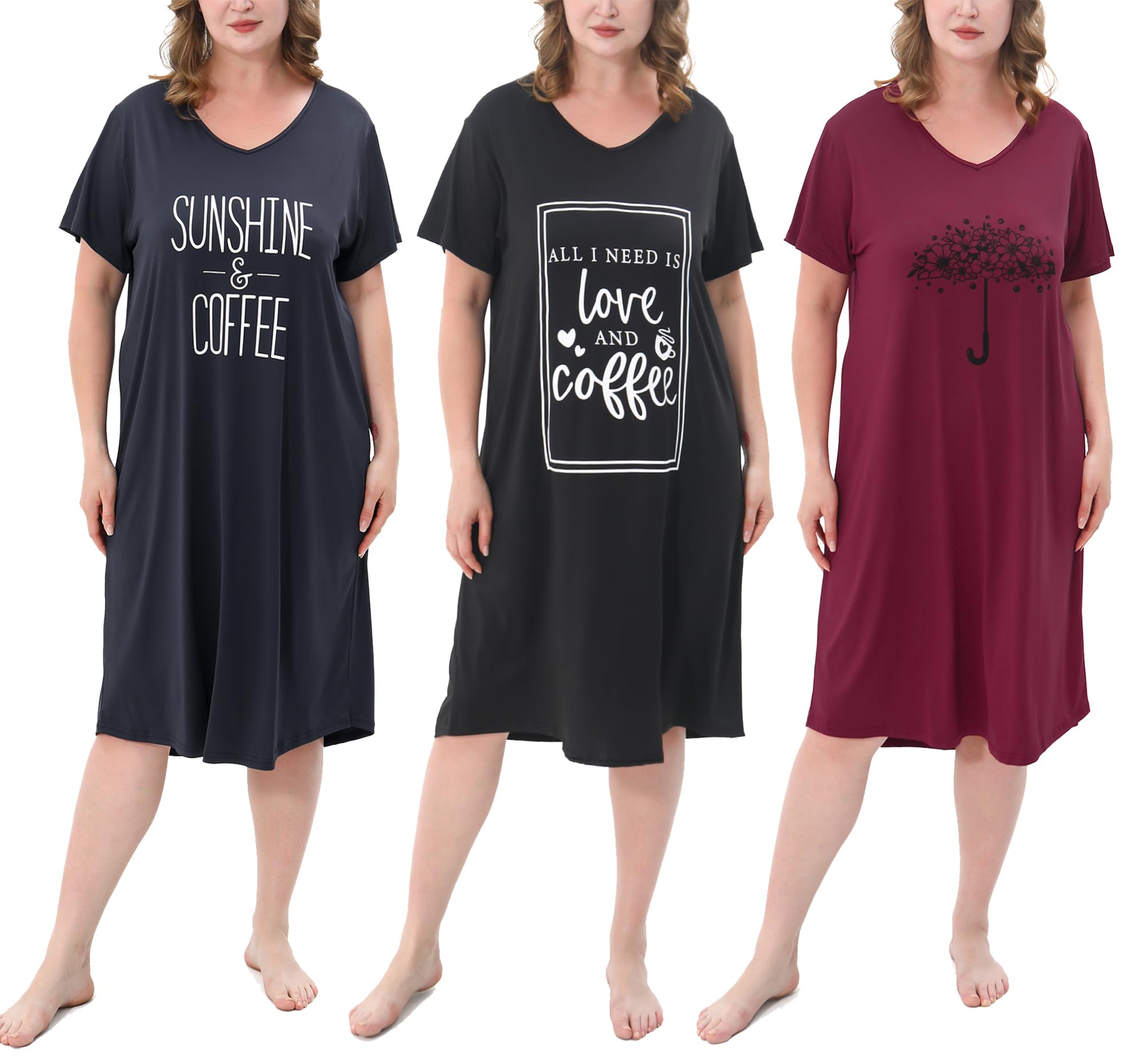 FEREMO 3 Pack Plus Size Women's Nightgown Soft Print Nightshirts for ...