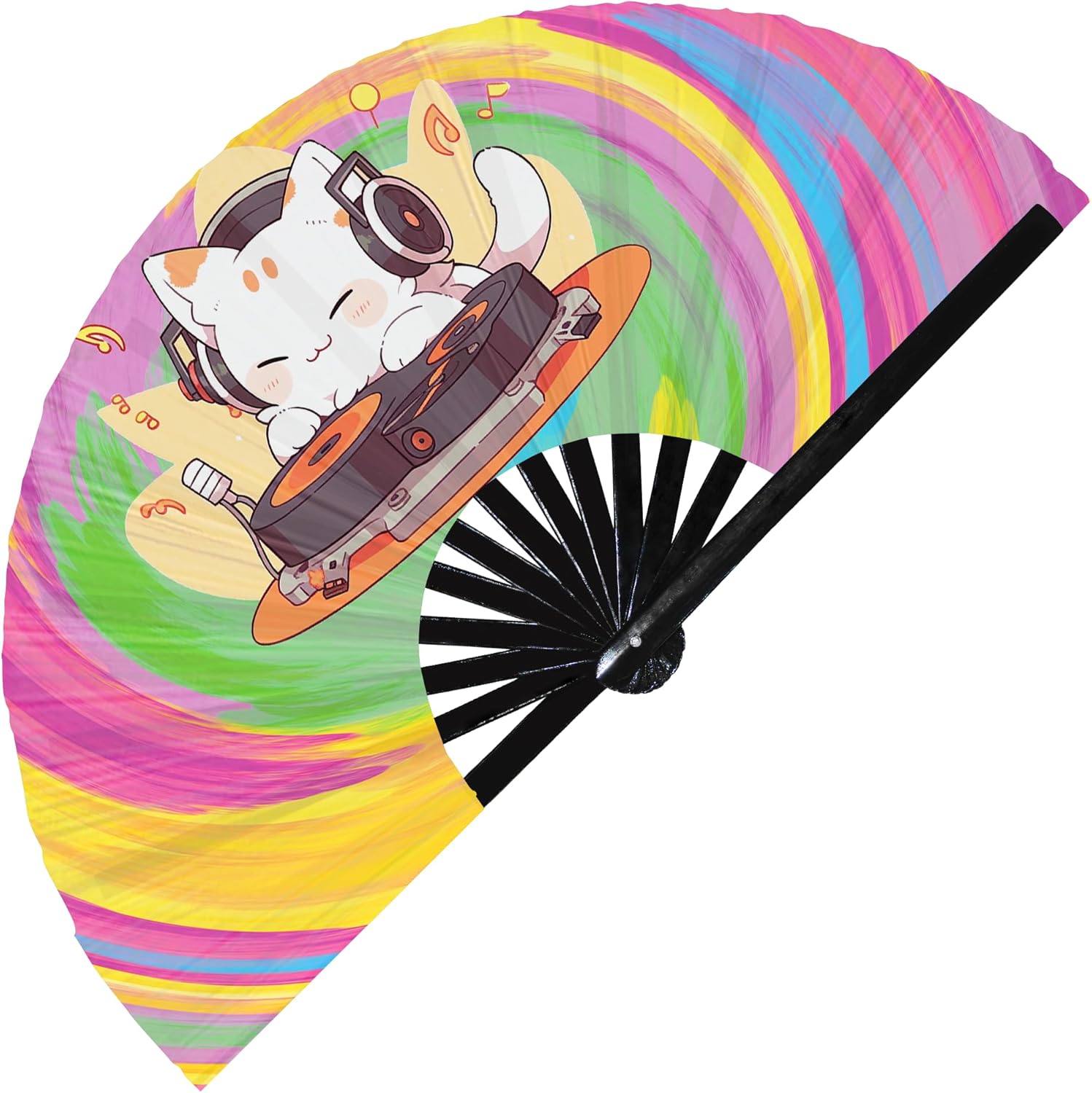 Amazon.com: Cute Dj Cat Chibi Cartoons hand fan foldable bamboo ...