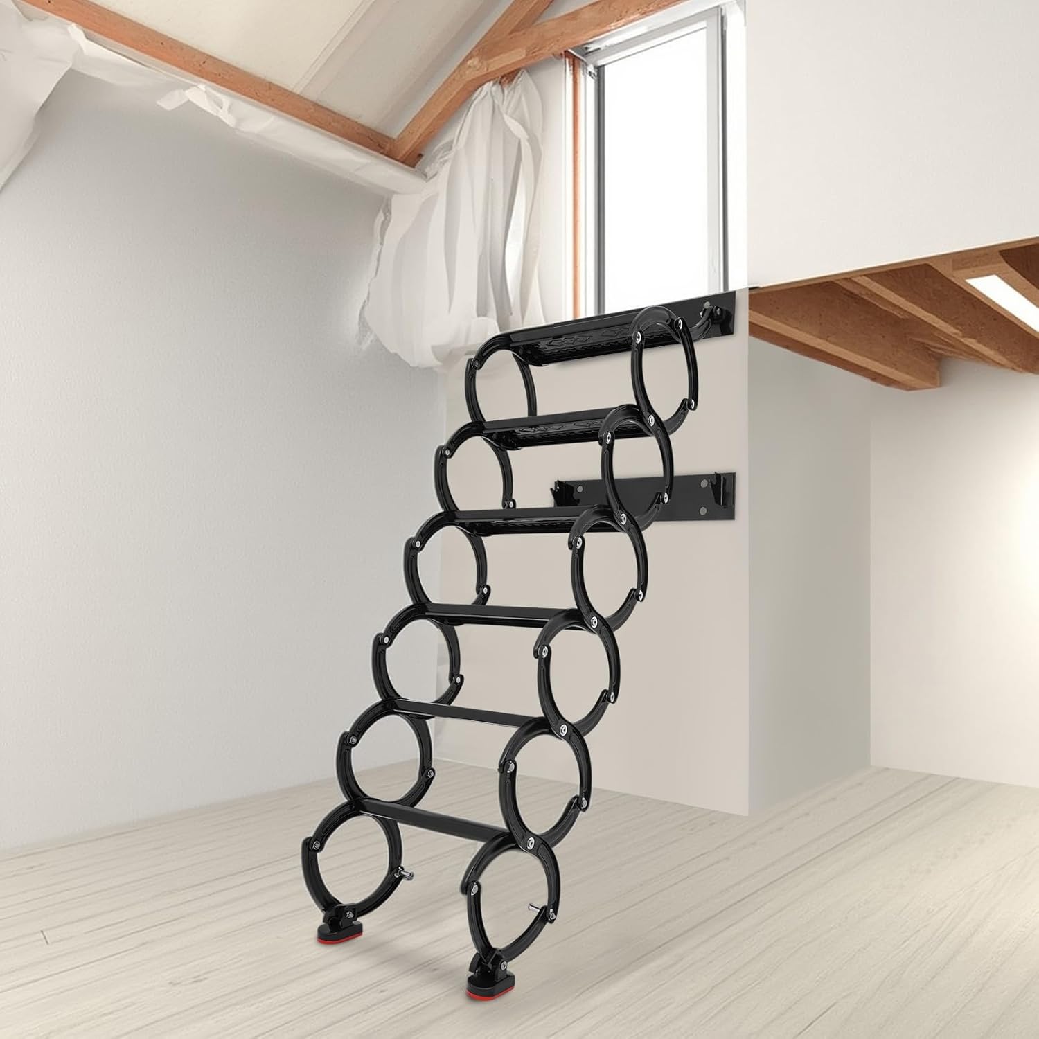 6 Steps Wall Mounted Folding Ladder, Indoor Attic Stairs Pull Down ...