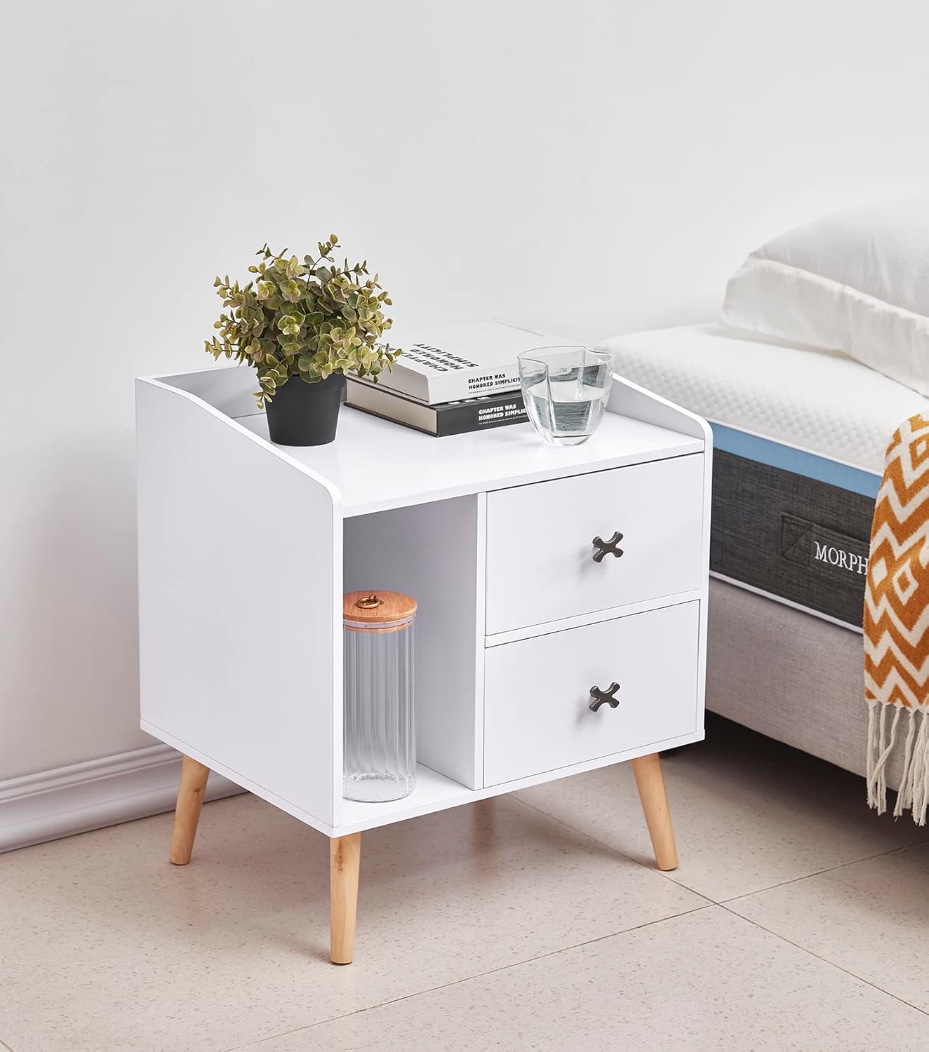 OBERICOL White Night Stand, Functional End Table, Cute Bedside Table ...